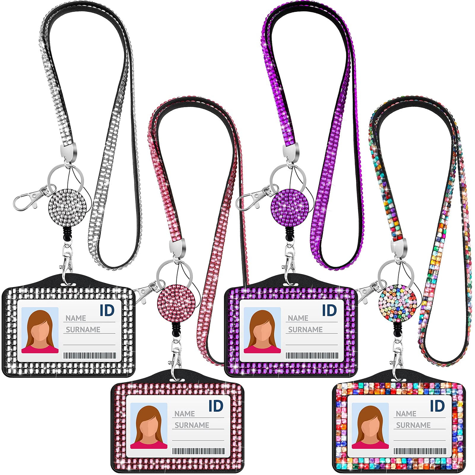Ctosree 4 Sets Rhinestone Lanyard Bling ID Card Holder Crystal ...