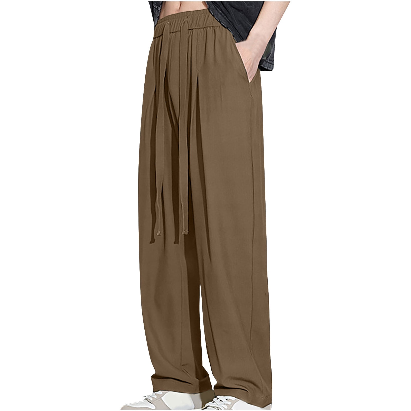 Ctreela Mens High Waisted Straight Leg Pants Plus Size Drawstring Waist ...