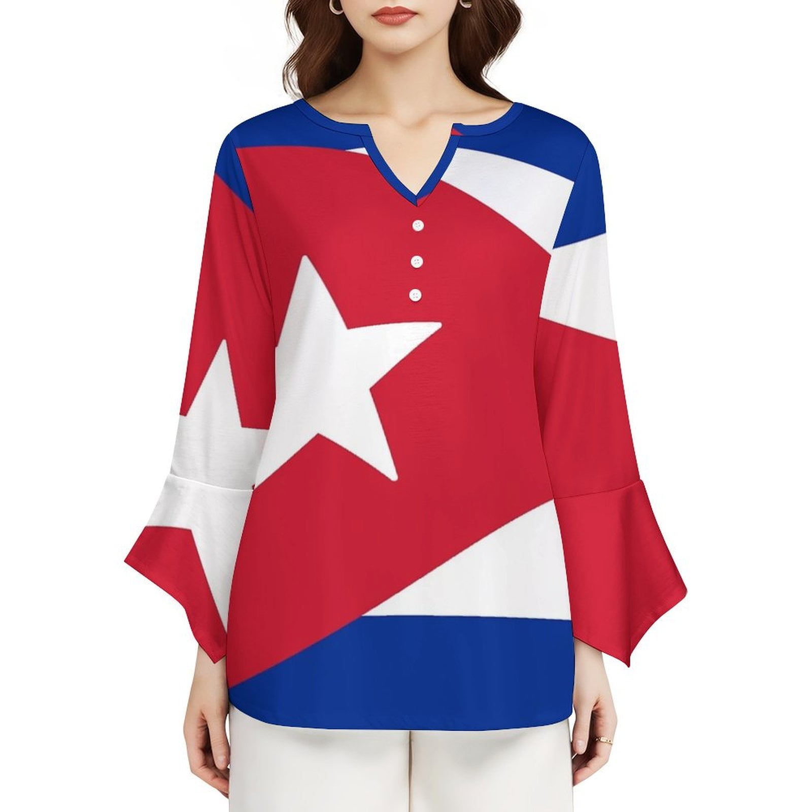 Cuba Flag Women's Long Sleeve Loose T-Shirts Ruffled Petal Sleeve ...