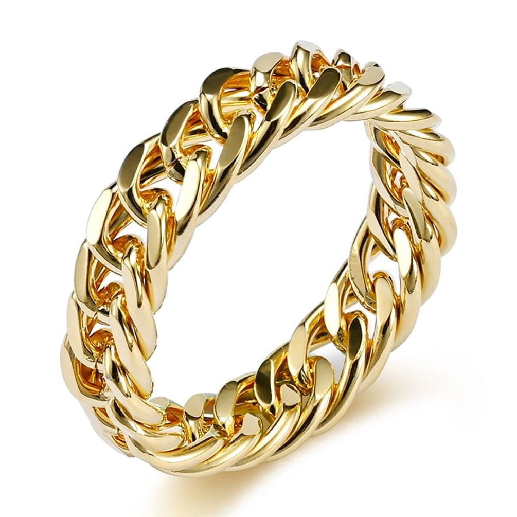 Cuban Chain Women Ring,6mm 14K Yellow Gold Metal Wedding Band, Chic ...