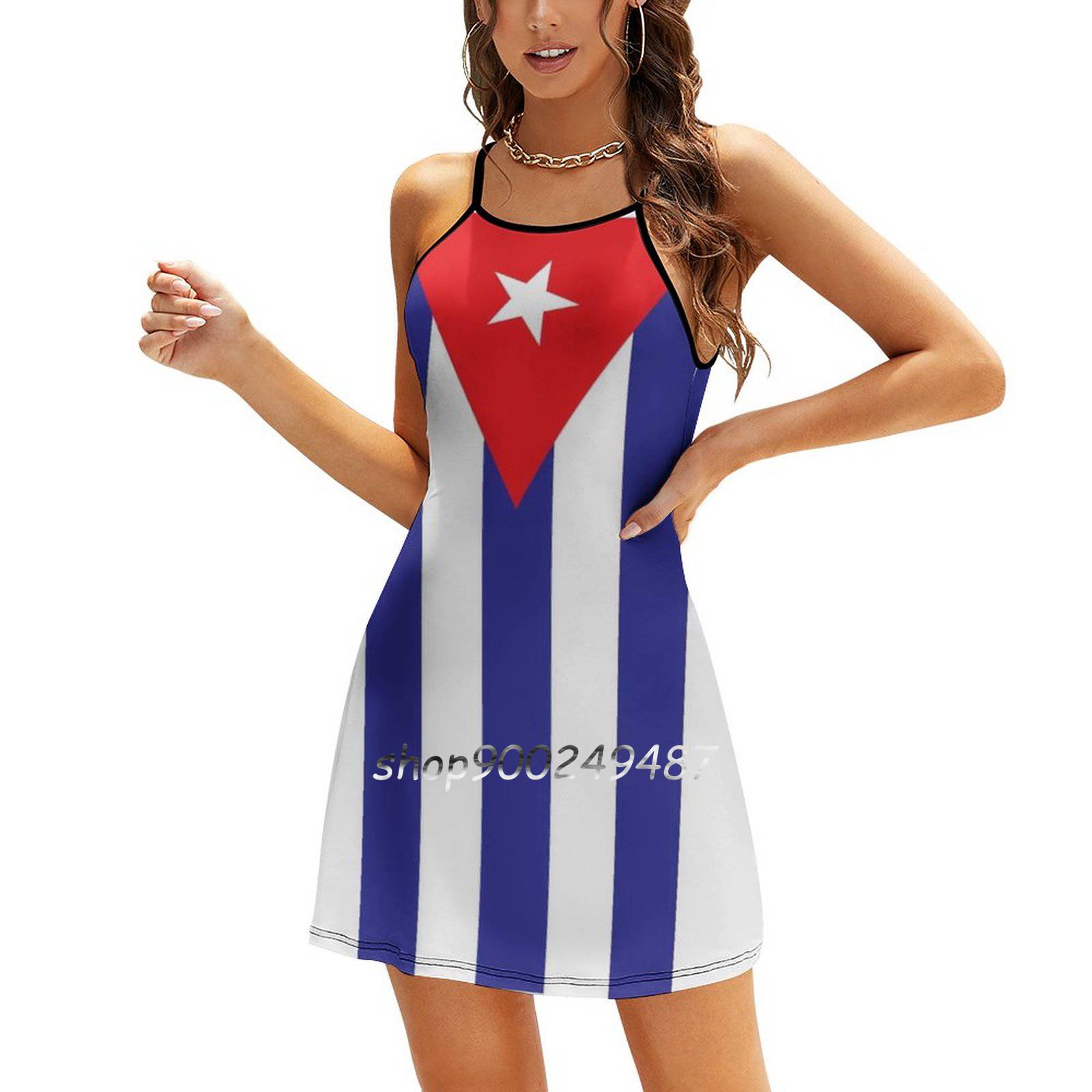 Cuban Flag Square Neck Dress Sweet Summer Dress Women Elegant Halter ...