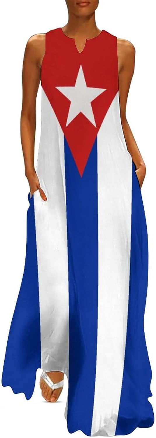 Cuban Flag Women's Short Sleeve Maxi Dresses Casual Long Loose Dresses ...