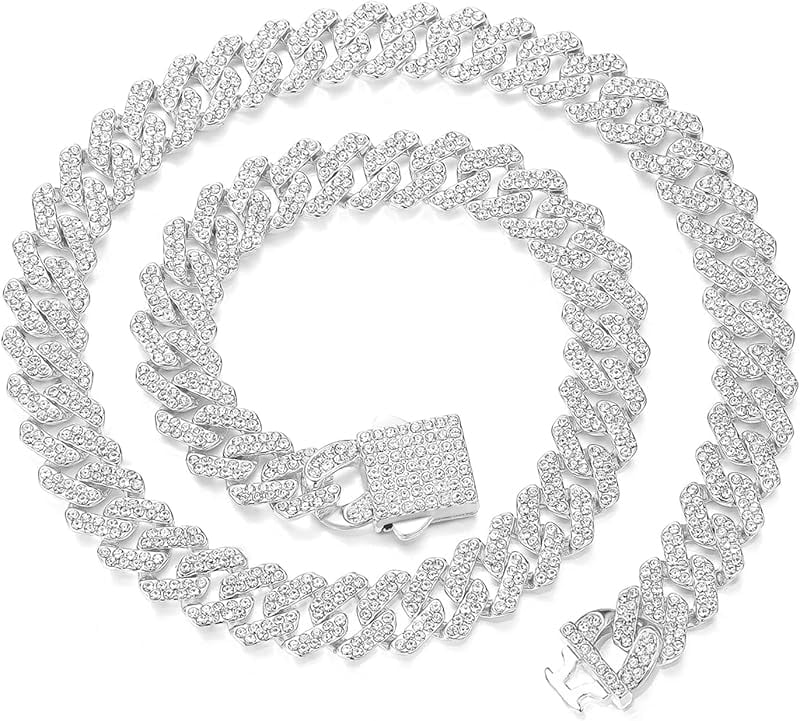 Cuban Link Chain Mens Ice Out Miami Cuban Necklace Silver/Gold Bling ...