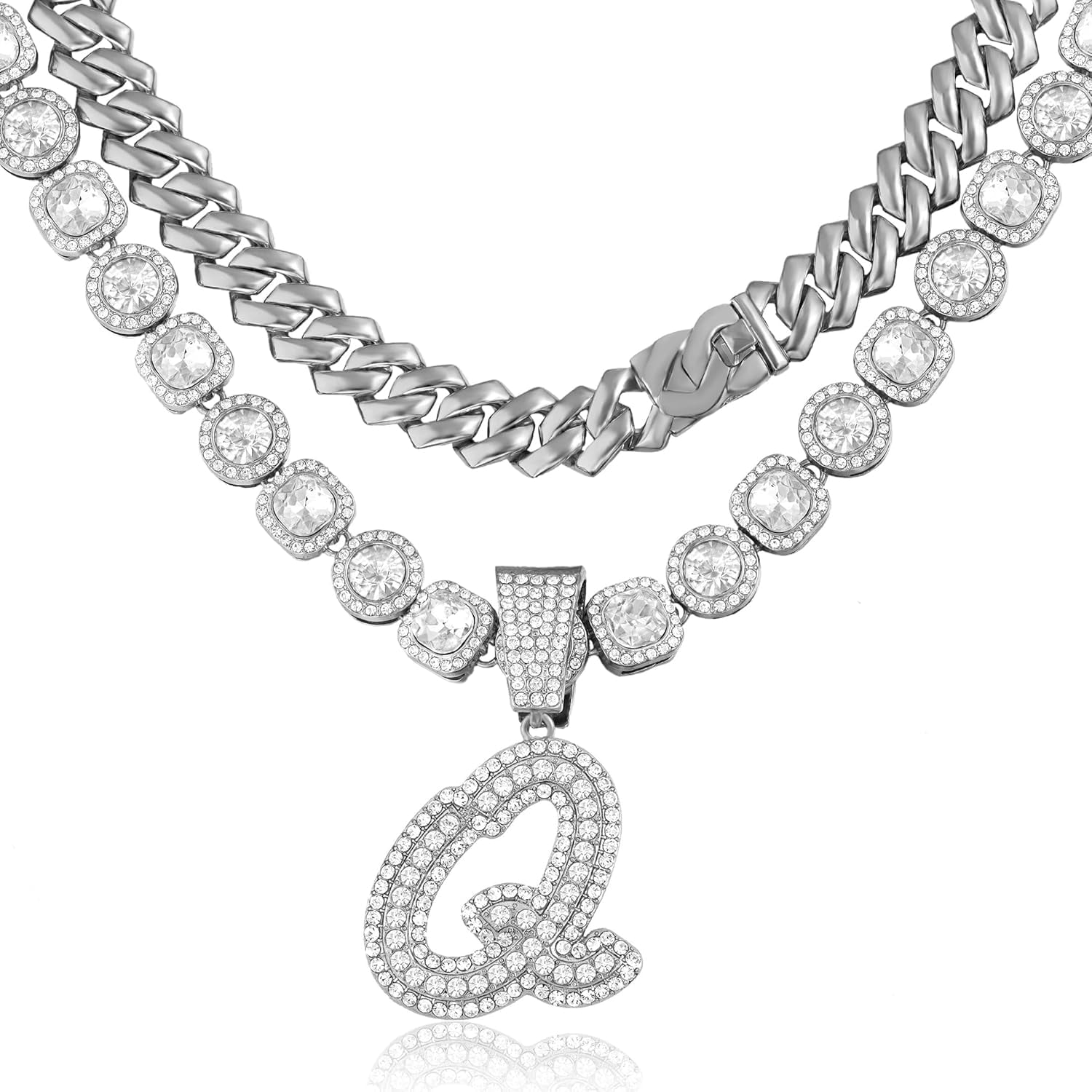 Cuban Link Chain for Women - Silver Initial Necklace, 14mm Cursive ...