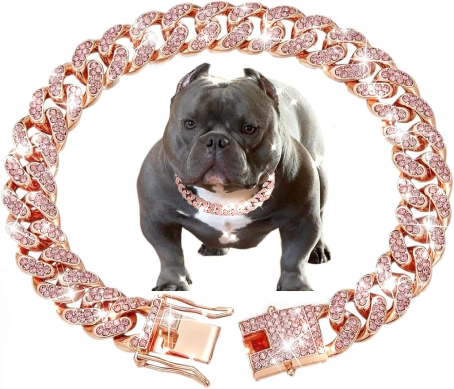 Cuban chain dog collar rose gold crystal inlaid luxury metal chain ...