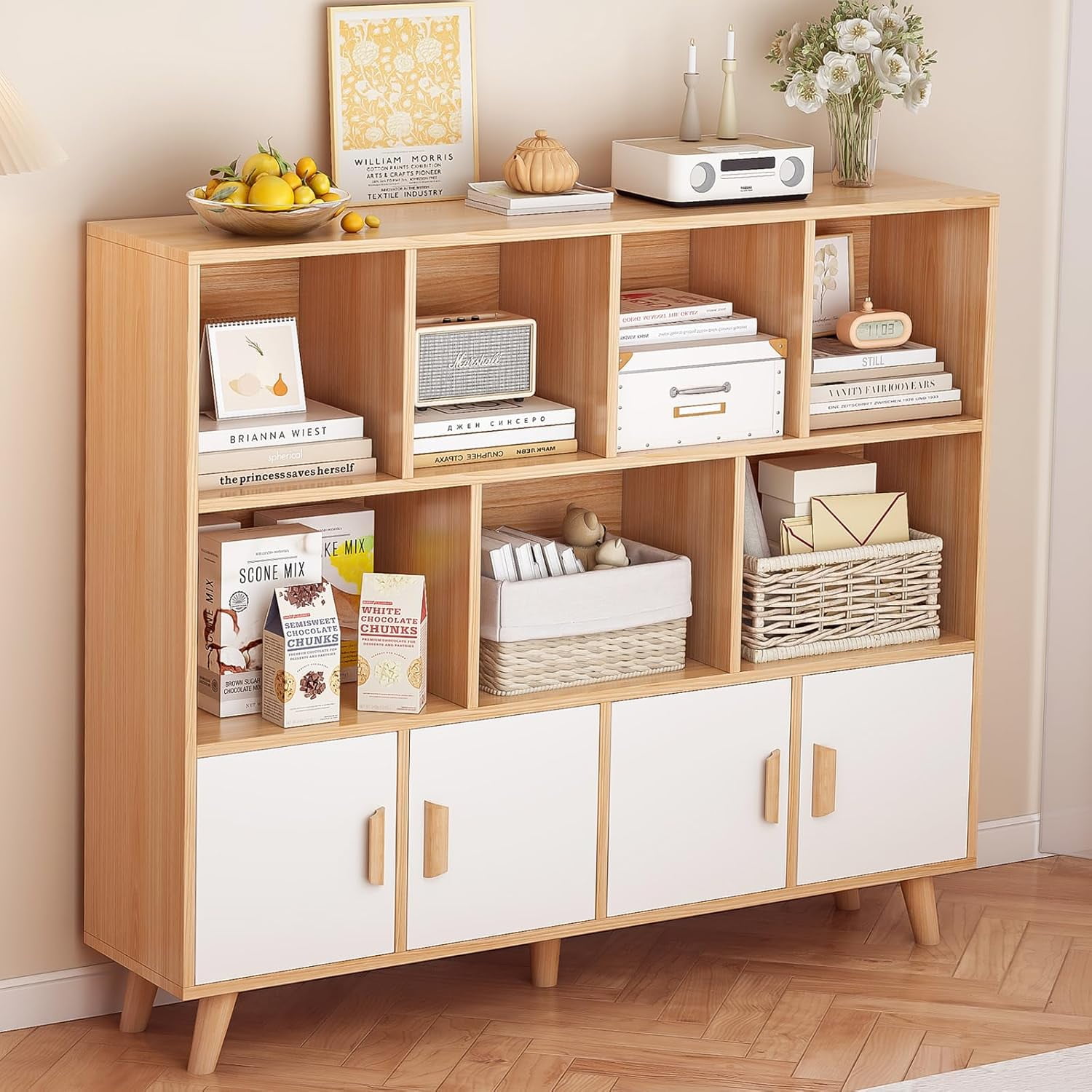 Cubby Shelf Bookcase with Doors - Wooden 11 Cube Floor Standing Open ...