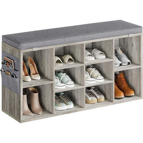 Cubby Shoe Storage Bench with Foam Padded Seat Cushion and Side Pocket Shoe Rack Bench with 10 Cubbies Organizer for Entryway Bedroom Living Room