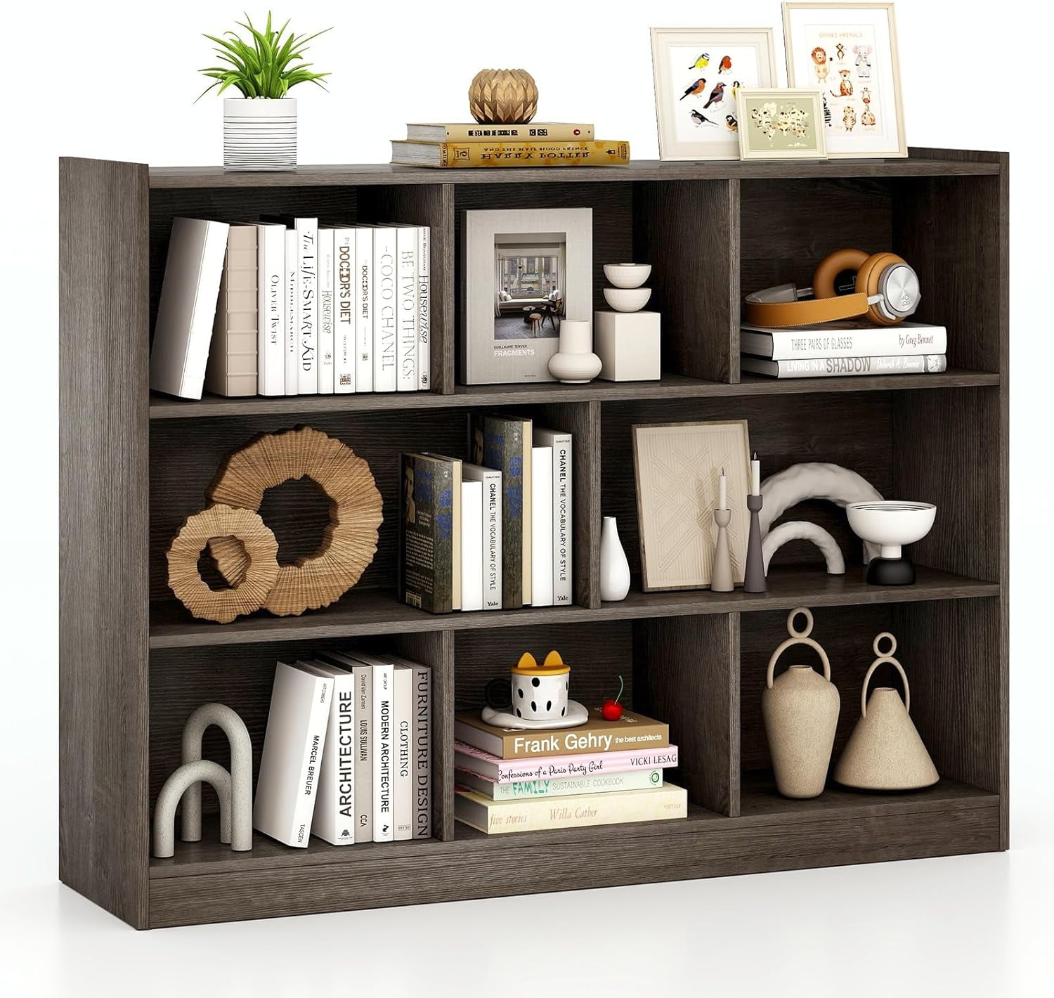 8 Cube Storage Bookcase, 3-Tier Horizontal Bookshelf Organizer, Wooden ...
