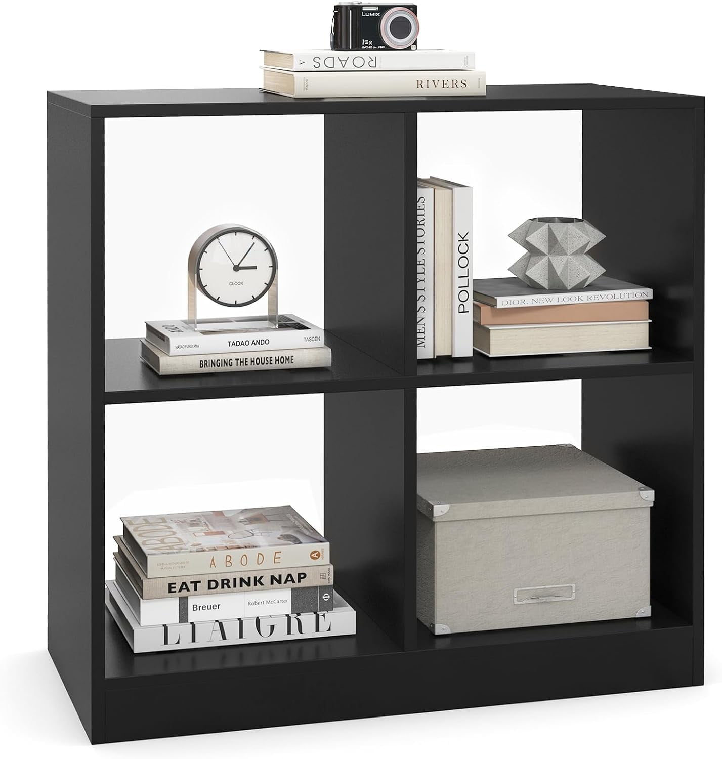 Cube Bookcase, 2-Tier Black Book Shelf with 4 Cubes, Small Bookshelf ...