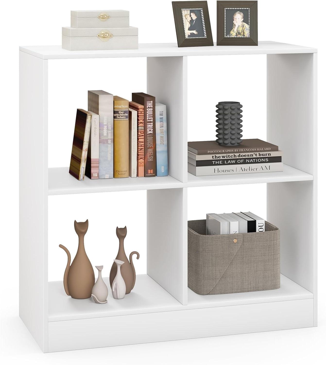 Cube Bookcase, White Book Shelf with 4 Cubes, 2-Tier Small Display Shelf, Low Bookshelf Under ...