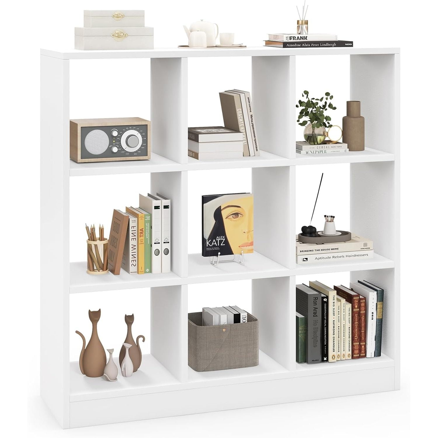 Cube Bookcase, White Book Shelf with 9 Cubes, 3-Tier Small Display ...