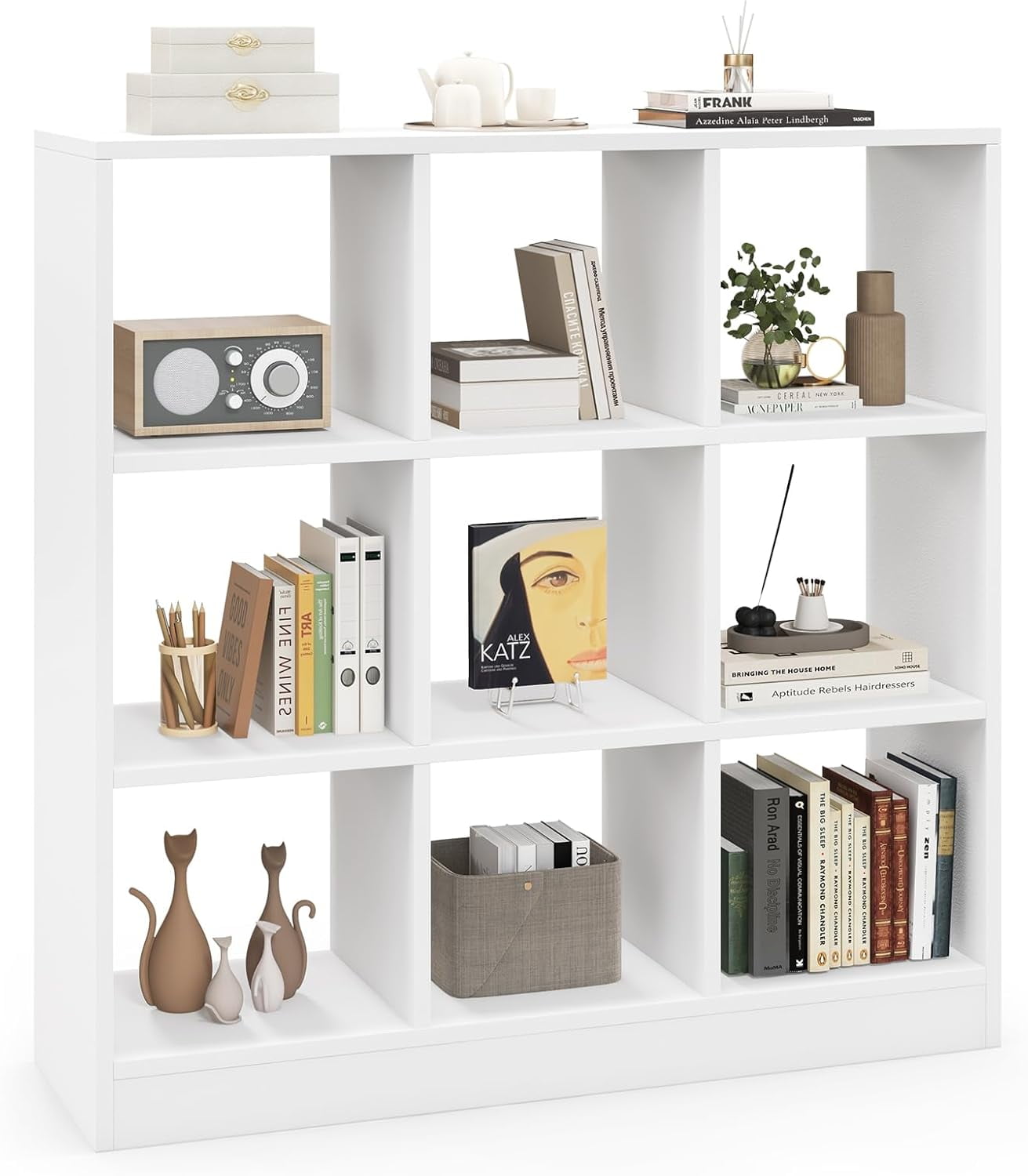 Cube Bookcase, White Book Shelf with 9 Cubes, 3-Tier Small Display ...