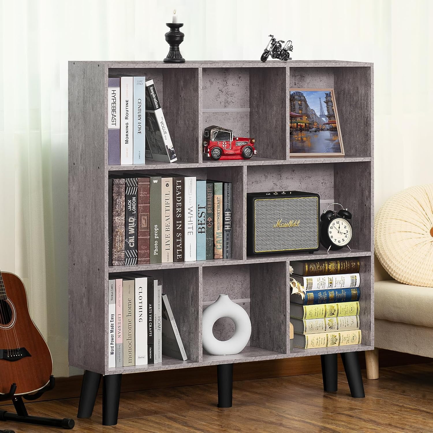 Cube Bookshelf 3 Tier Mid-Century Rustic Brown Modern Bookcase with ...