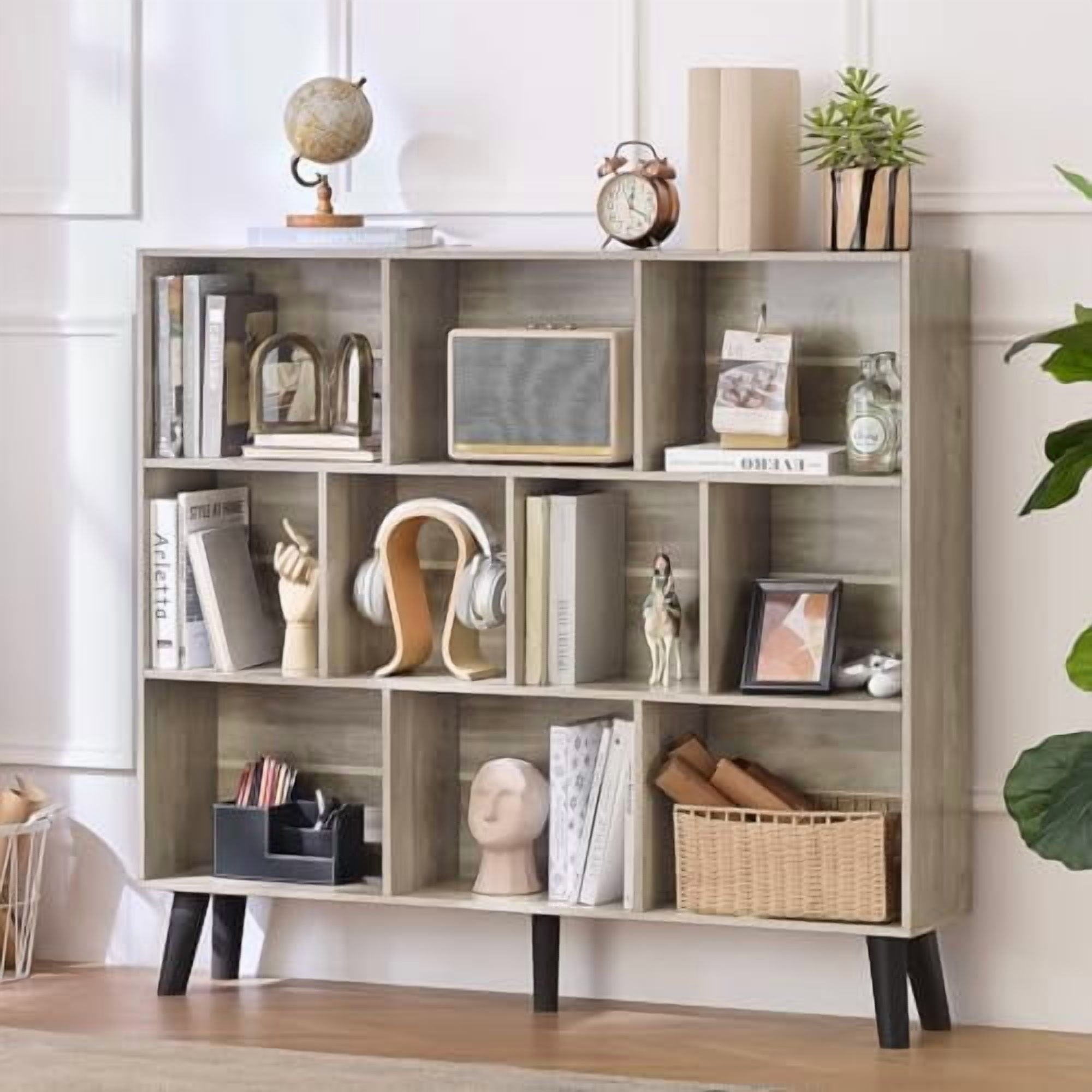 Cube Bookshelf 3 Tier Mid-Century Rustic Brown Modern Bookcase with ...