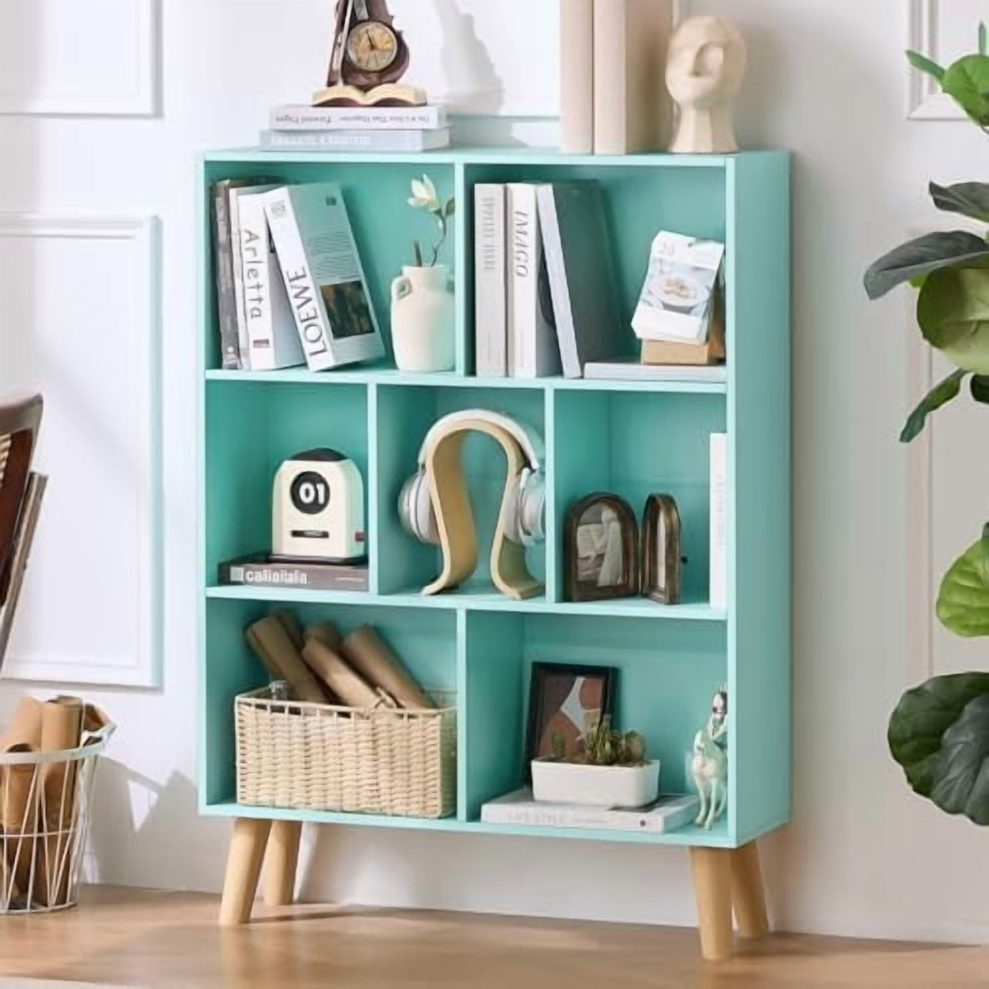 Cube Bookshelf 3 Tier Mid-Century Rustic Brown Modern Bookcase with ...