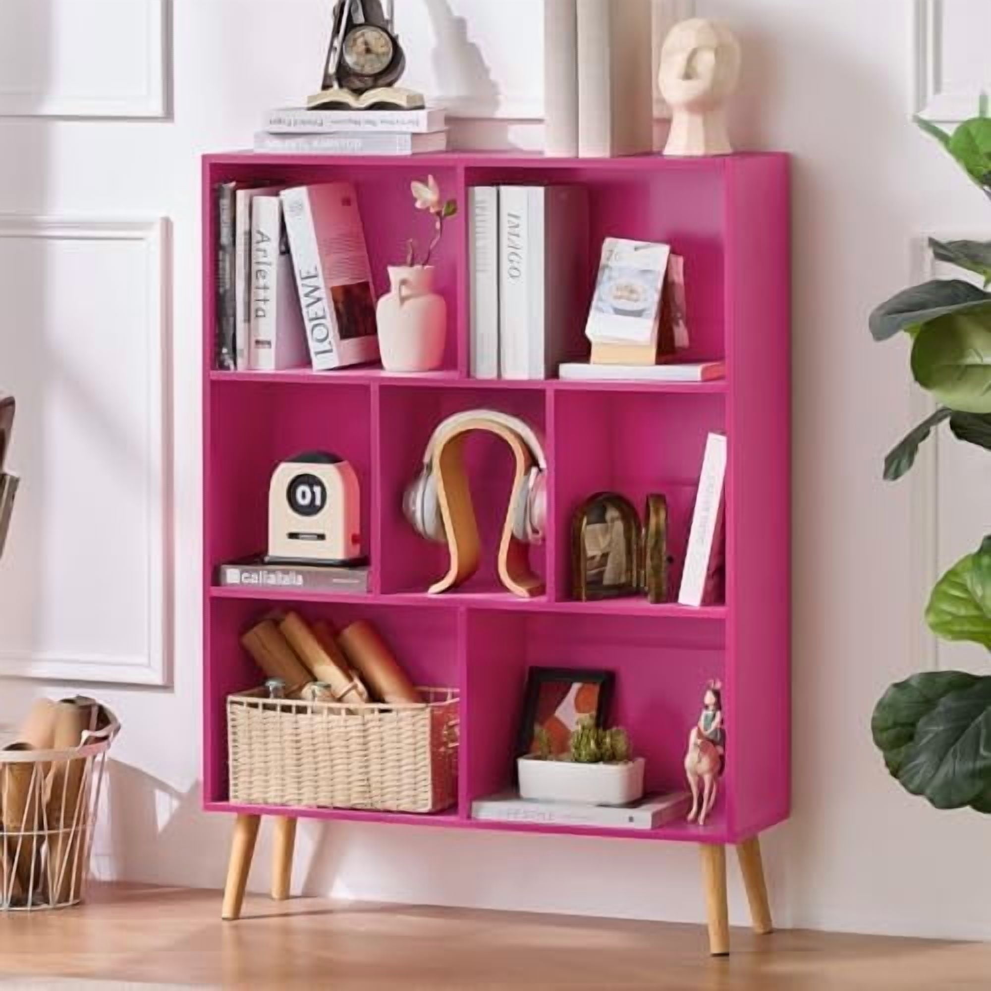 Cube Bookshelf 3 Tier Mid-Century Rustic Brown Modern Bookcase with ...
