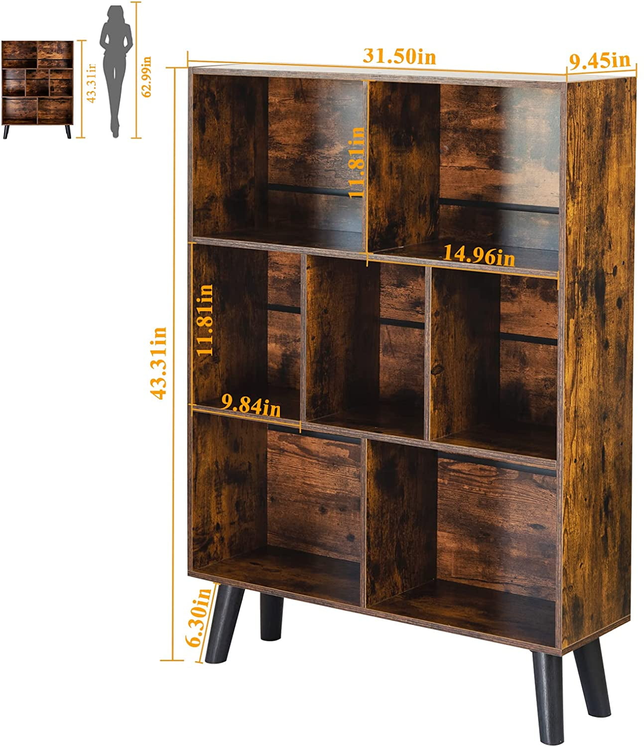 Cube Bookshelf 3 Tier Mid- Rustic Brown Modern Bookcase with Legs,Retro ...