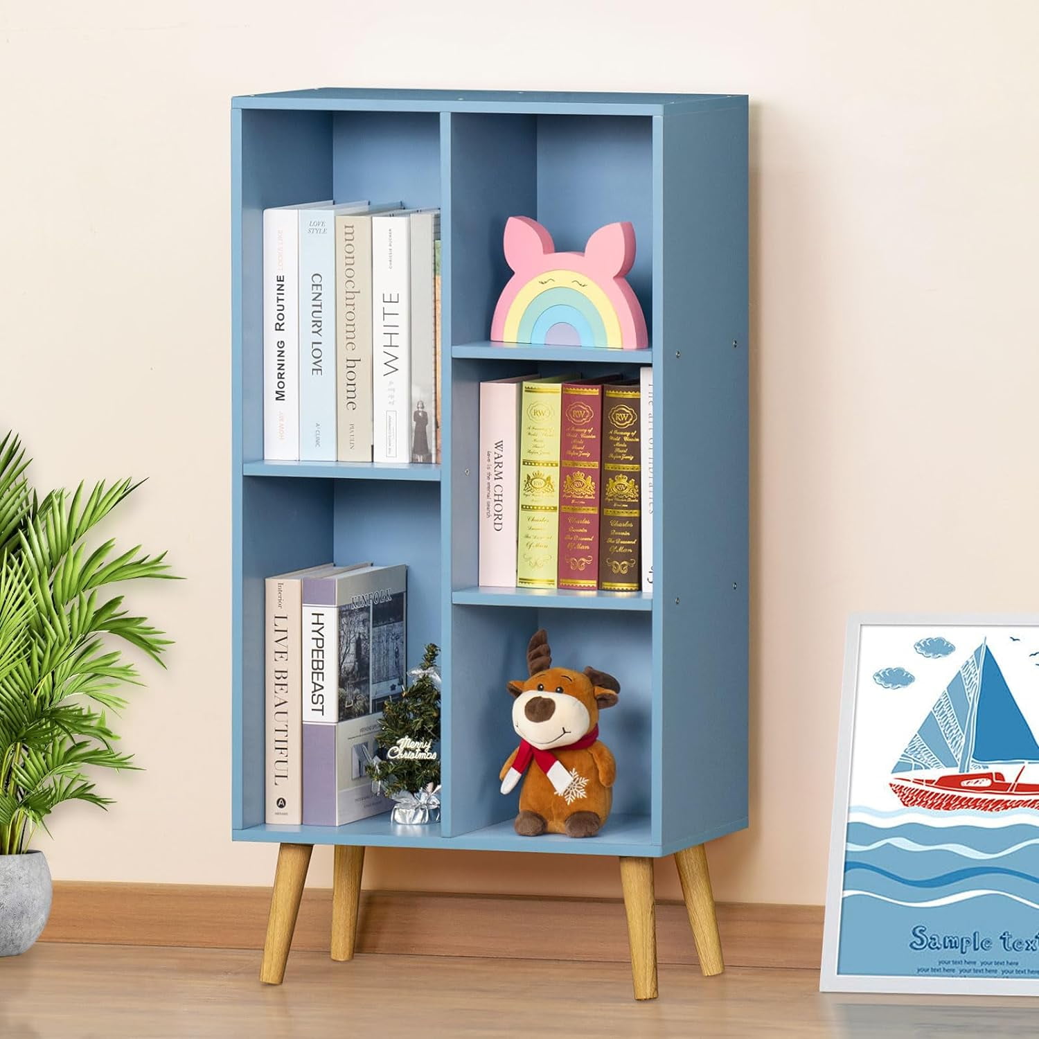 Cube Bookshelf, Blue Kids Book Shelf with Cubby Storage,Wooden Modern ...