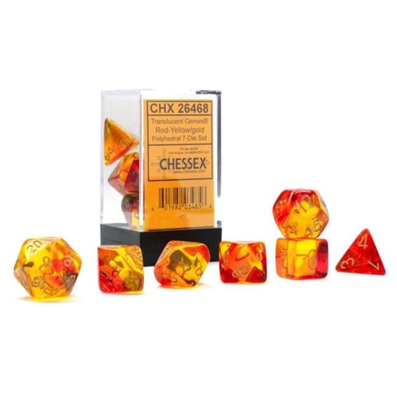 Cube Gemini Translucent Red & Yellow Dice with Gold Numbers, Set of 7 ...