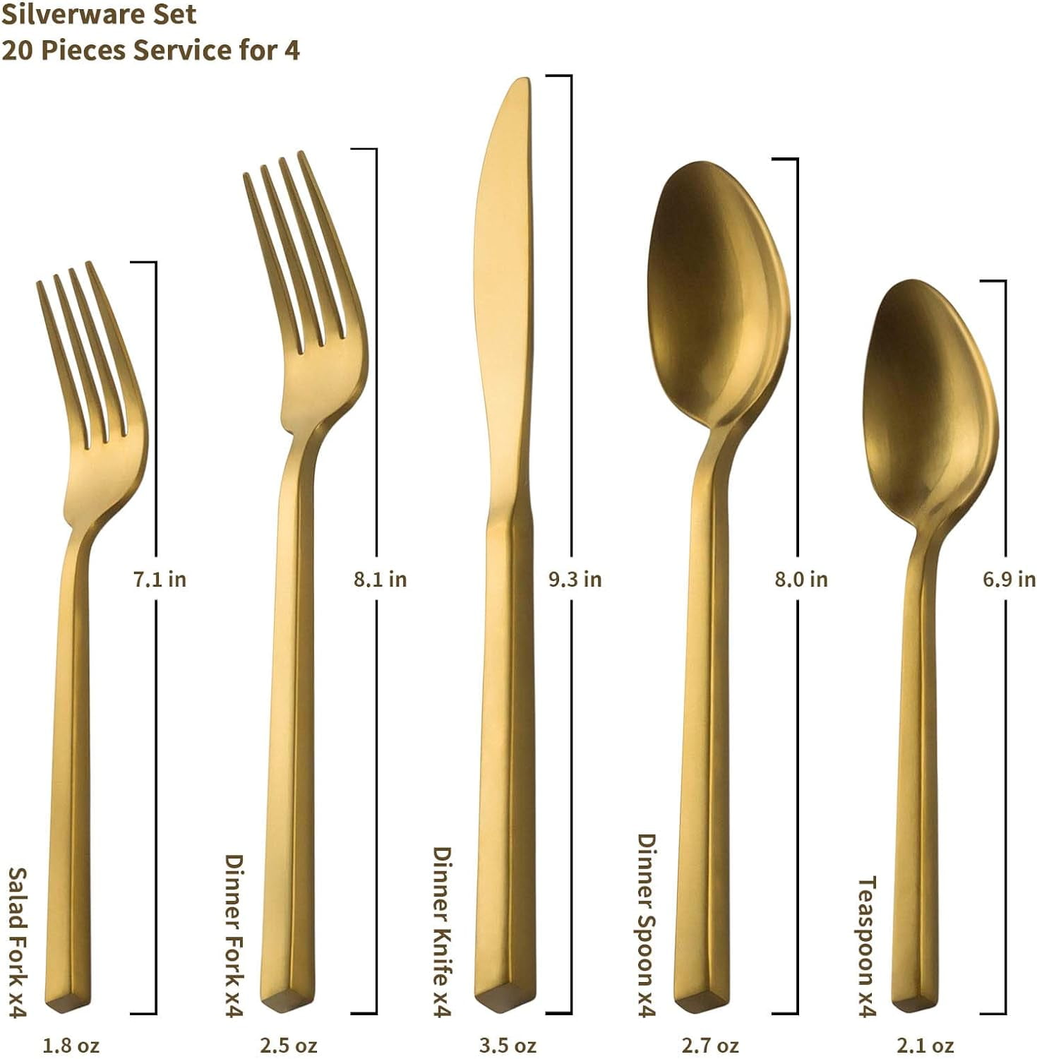 Cube Gold 20-Piece Flatware Set, Forged Cutlery Set, Matte Gold ...