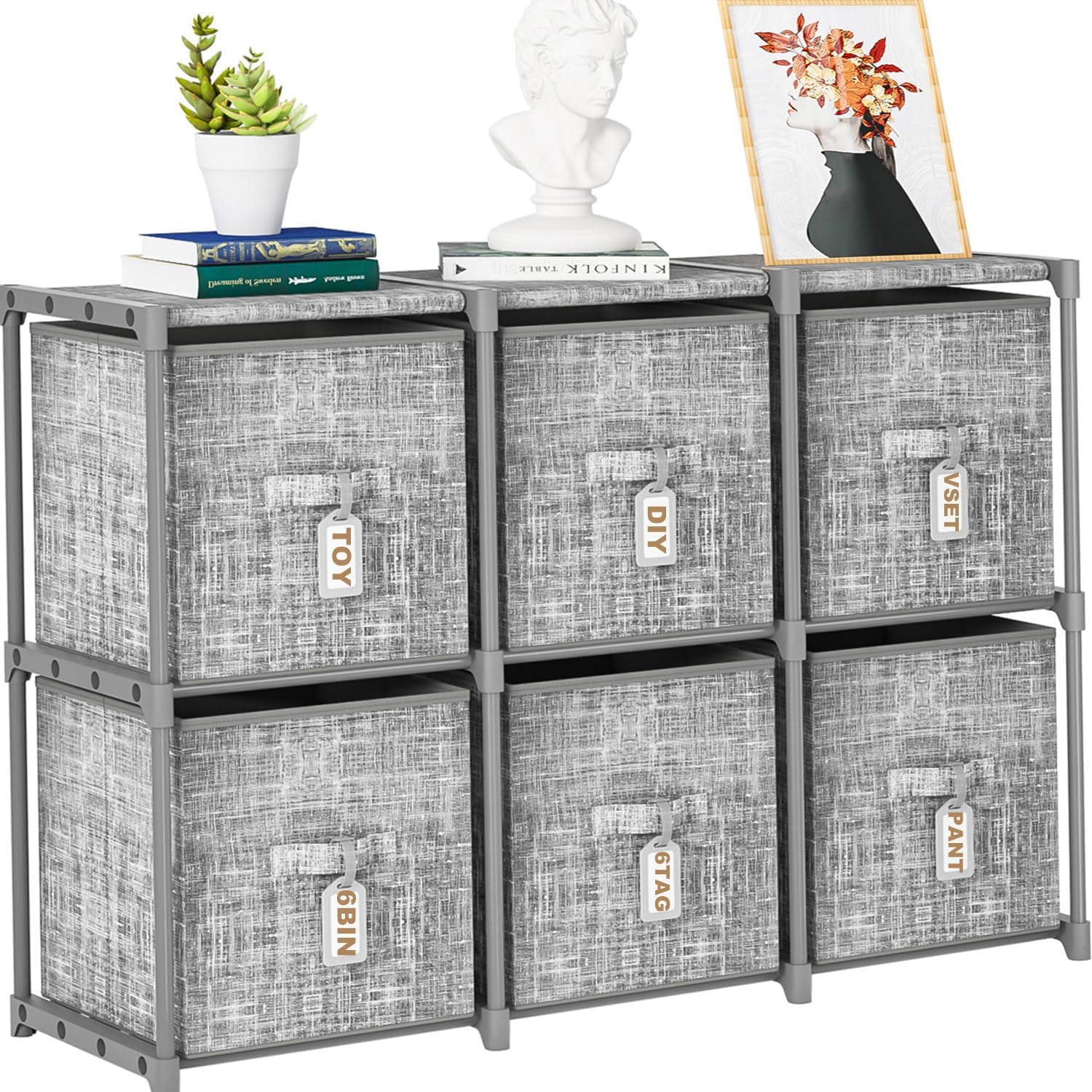 Cube Storage Organizer Shelf with 6 Printed Bins + Labels, Cubby ...