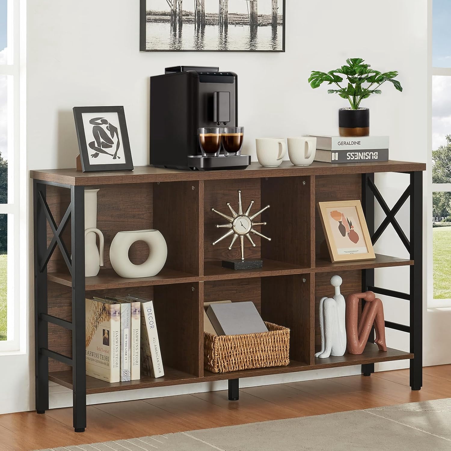 Cube Storage Organizer Shelf, Industrial Horizontal Bookshelf with 6 ...