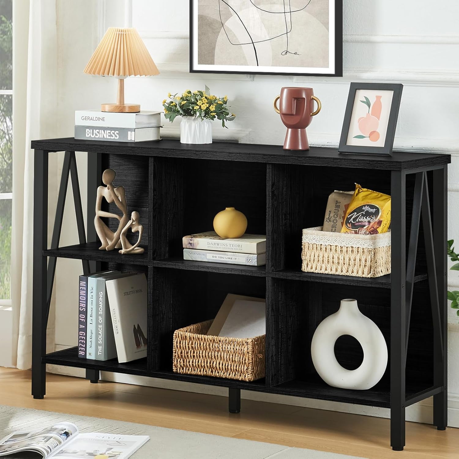 Cube Storage Organizer Shelf, Rustic Short Wide Bookshelf with 6 Cubes ...