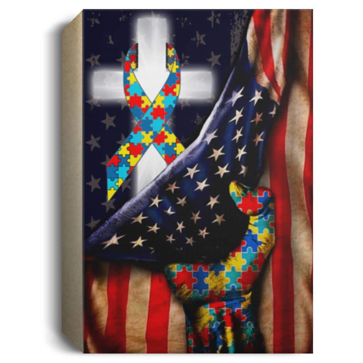 CubeBik Christian Cross With Autism Ribbon Us Flag Framed Canvas Prints ...