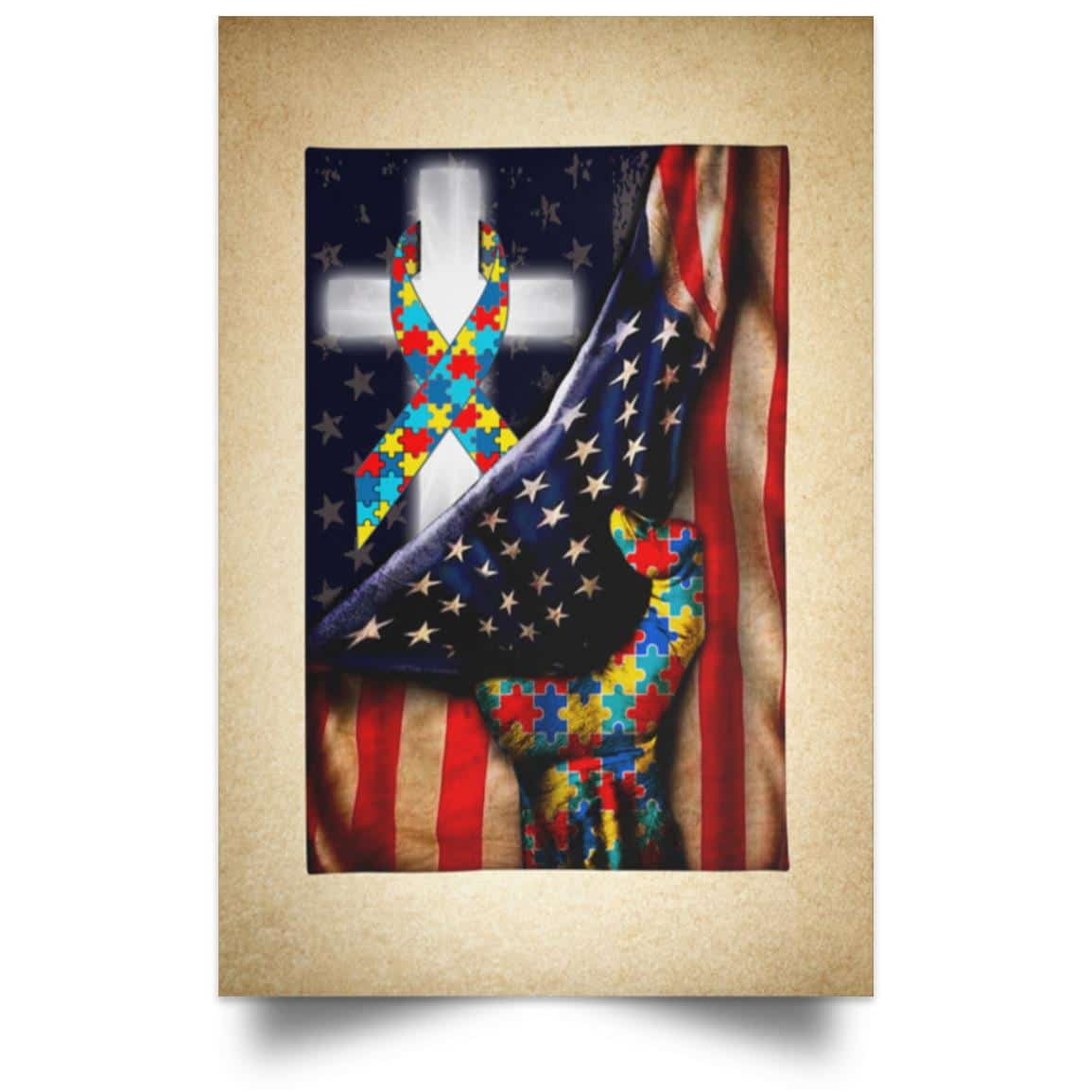 CubeBik Christian Cross With Autism Ribbon Us Flag Framed Canvas Prints ...