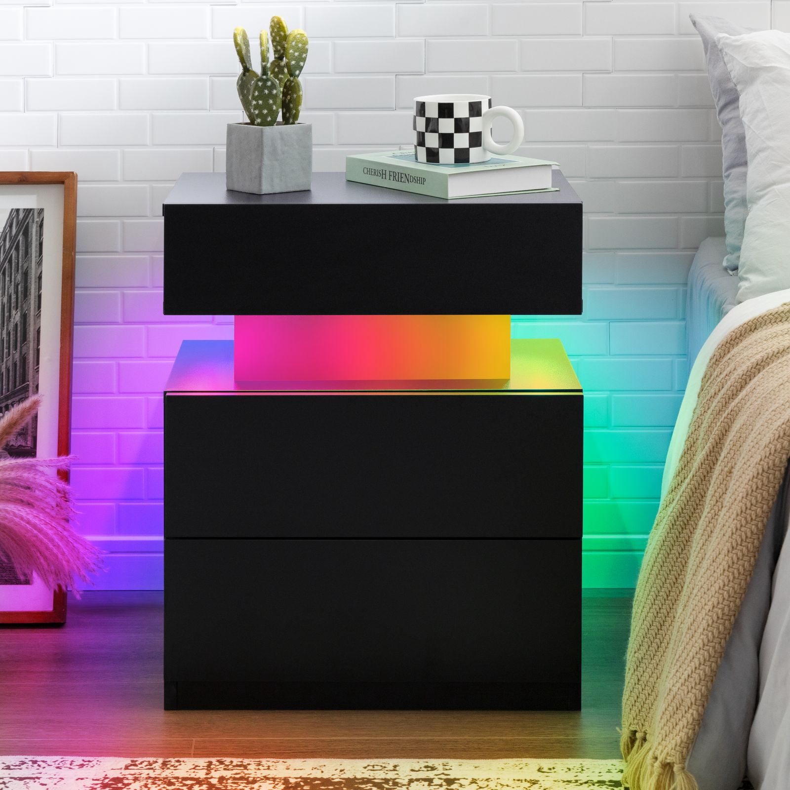 Cubehom LED Night Stand with 3 Drawers Height 24 inches Modern Bedside ...