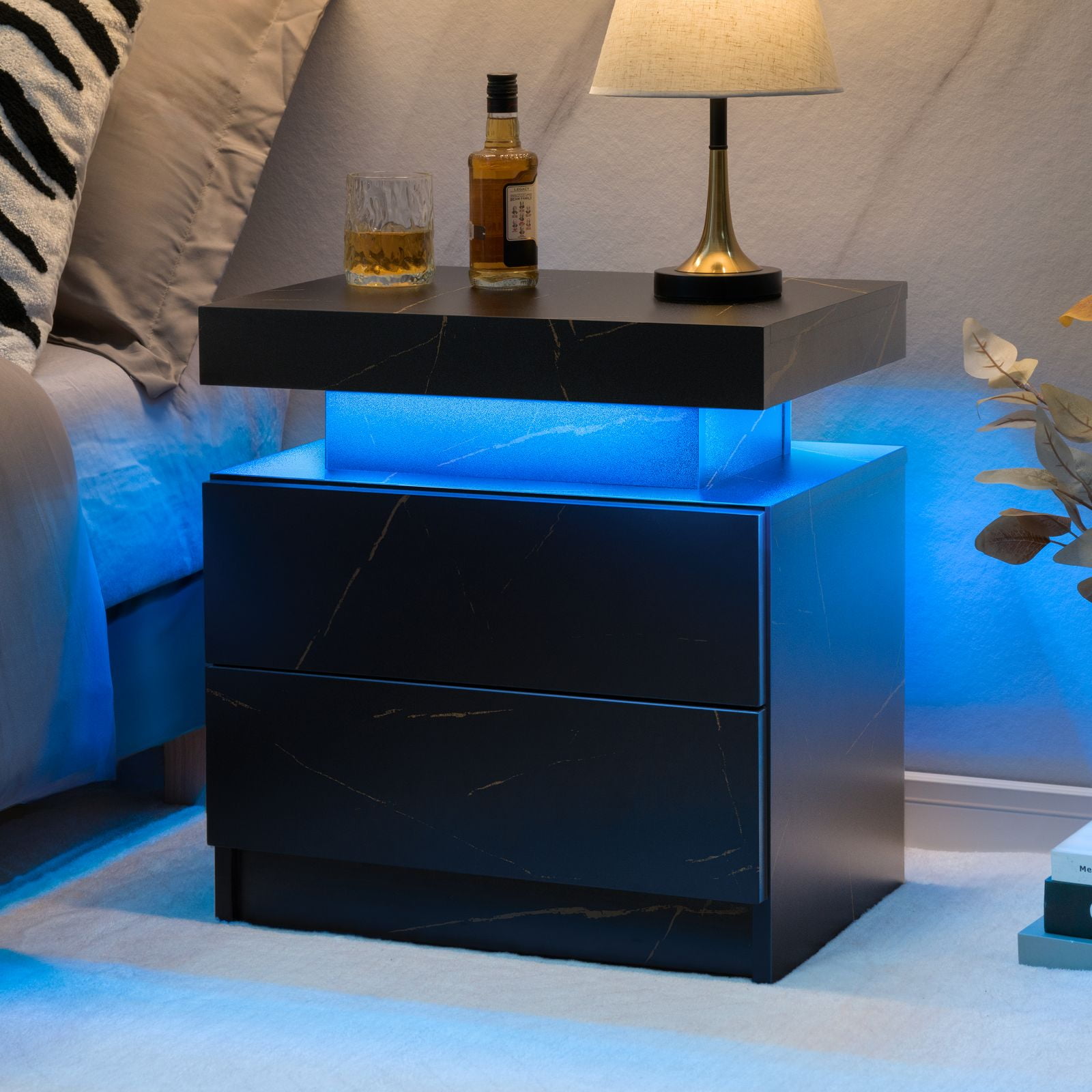 Cubehom Elegance Collection Nightstand with LED & 2 Drawers, Solid Wood ...