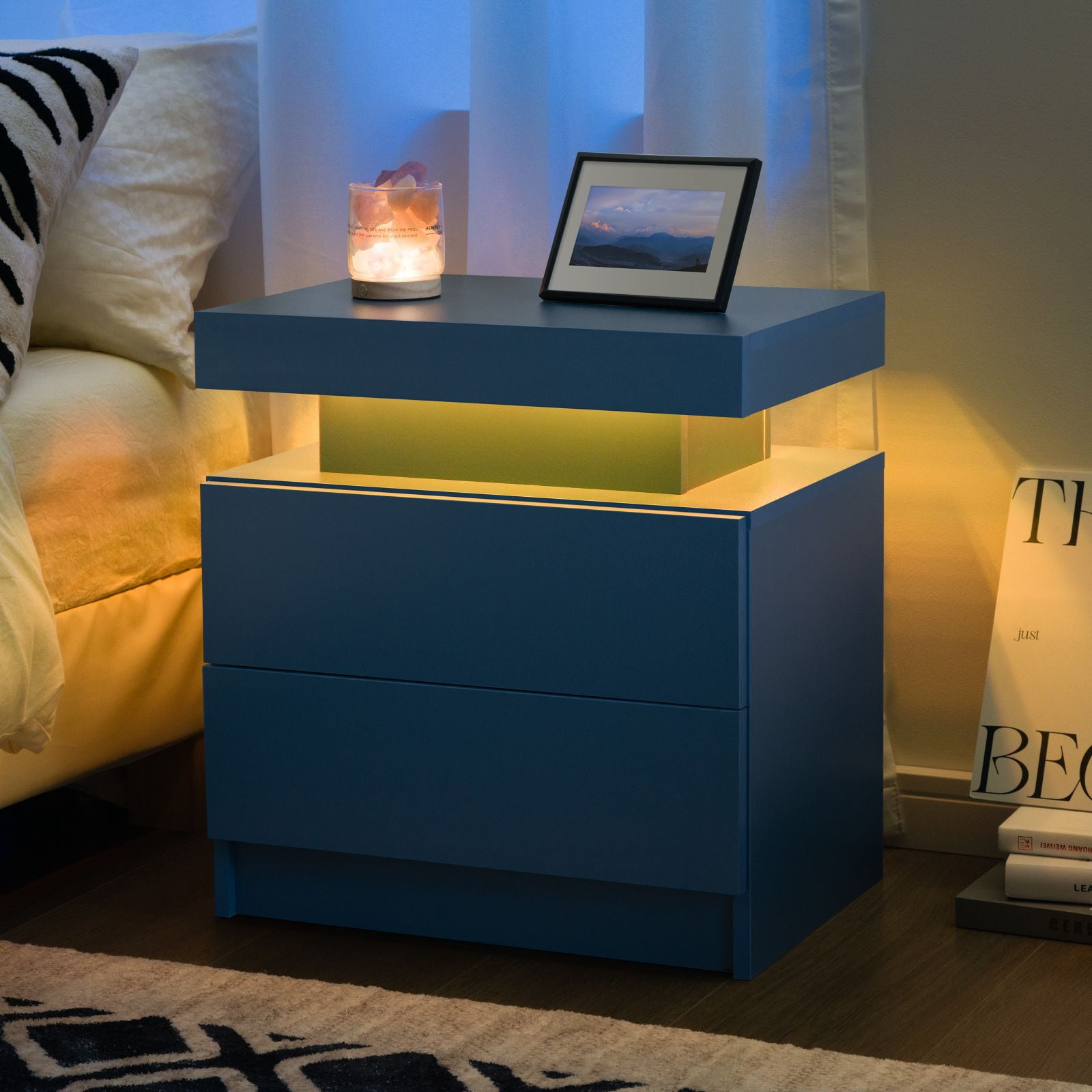 Cubehom Nightstand LED End Table Modern Bedside Table with 2 Drawers Wood Furniture for Adults Bedroom Living Room All Blue