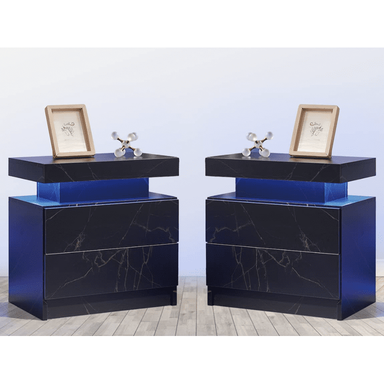 Cubehom Nightstand Set of 2 LED End Side with 2 Drawers Modern Wood Bedside Table for Adults Bedroom Living Room Black Marble