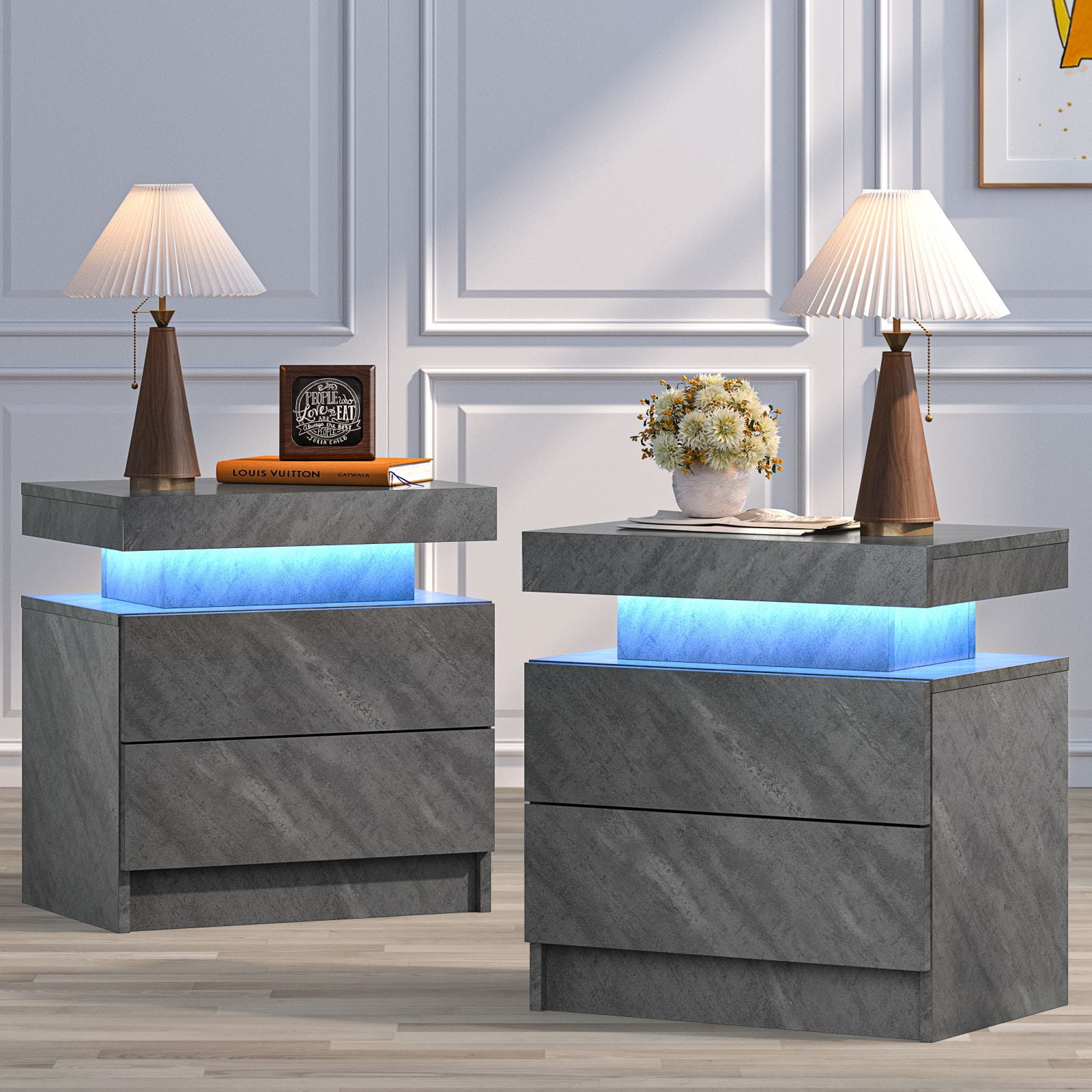 Cubehom Pair of LED Nightstands with 2 Drawers - Modern Wood End Tables ...
