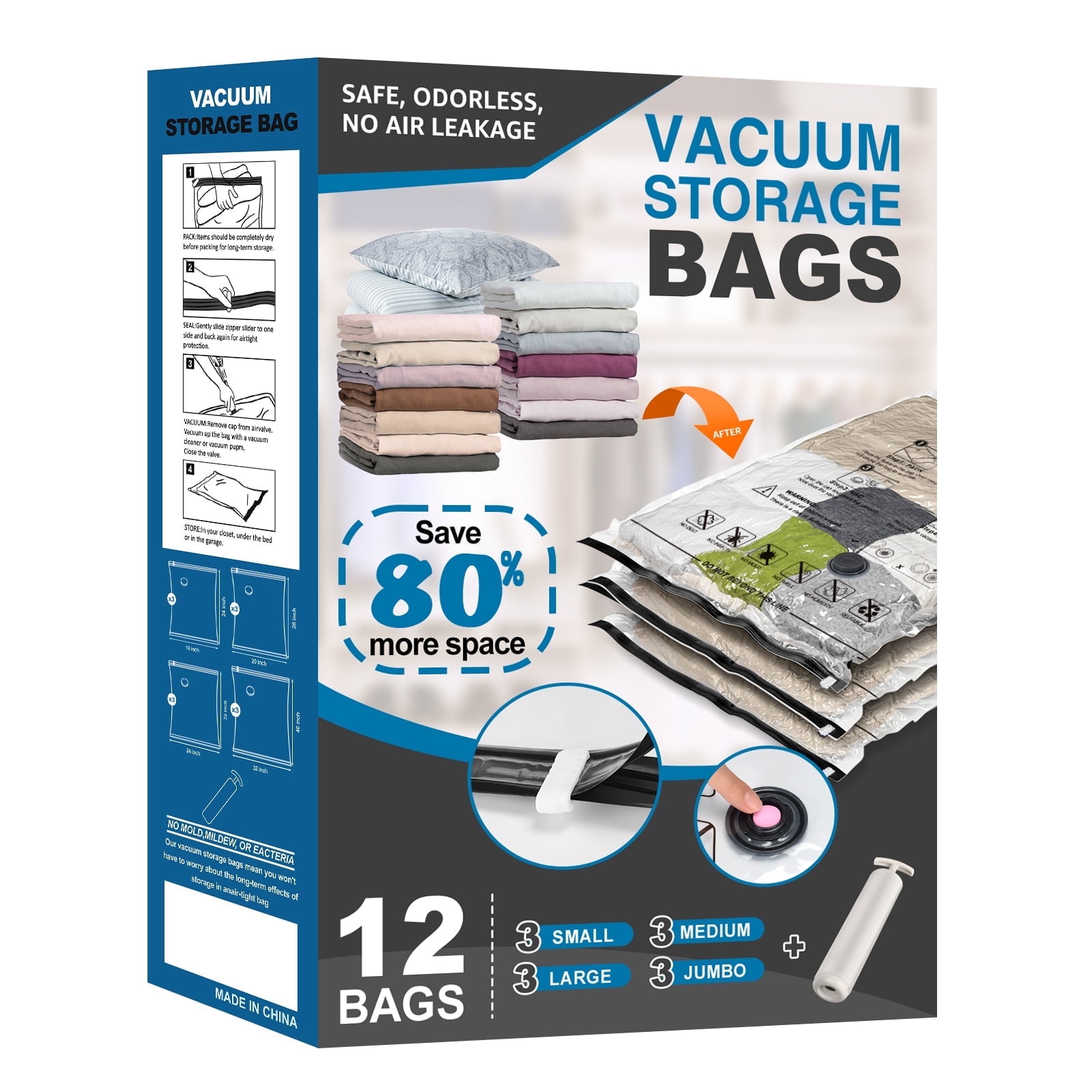Cubepoint 12 Pack Vacuum Storage Bags with Hand Pump, 3 Jumbo 3 Large 3 ...