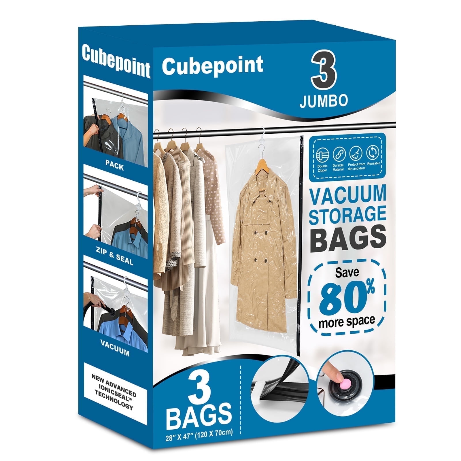 Cubepoint 3 Pack Hanging Vacuum Storage Bags(28 X 47 in), Hanging Space ...