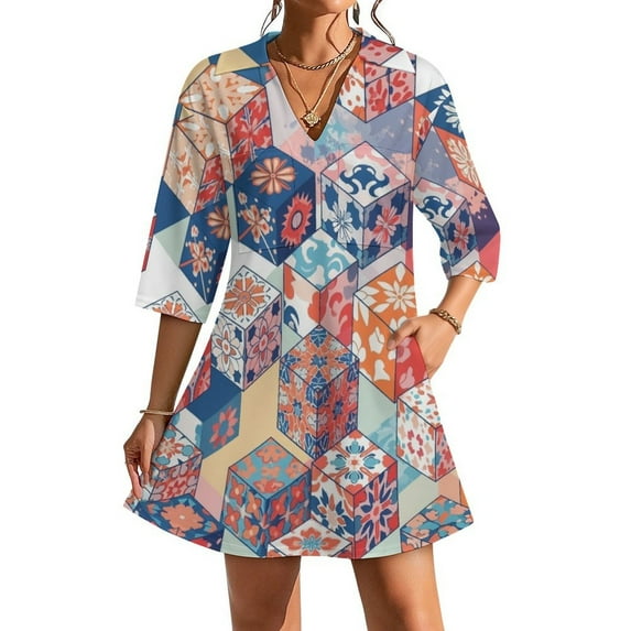 Cubes Floral Pattern Print Womens Dress With Pockets Summer V Neck 3/4 ...