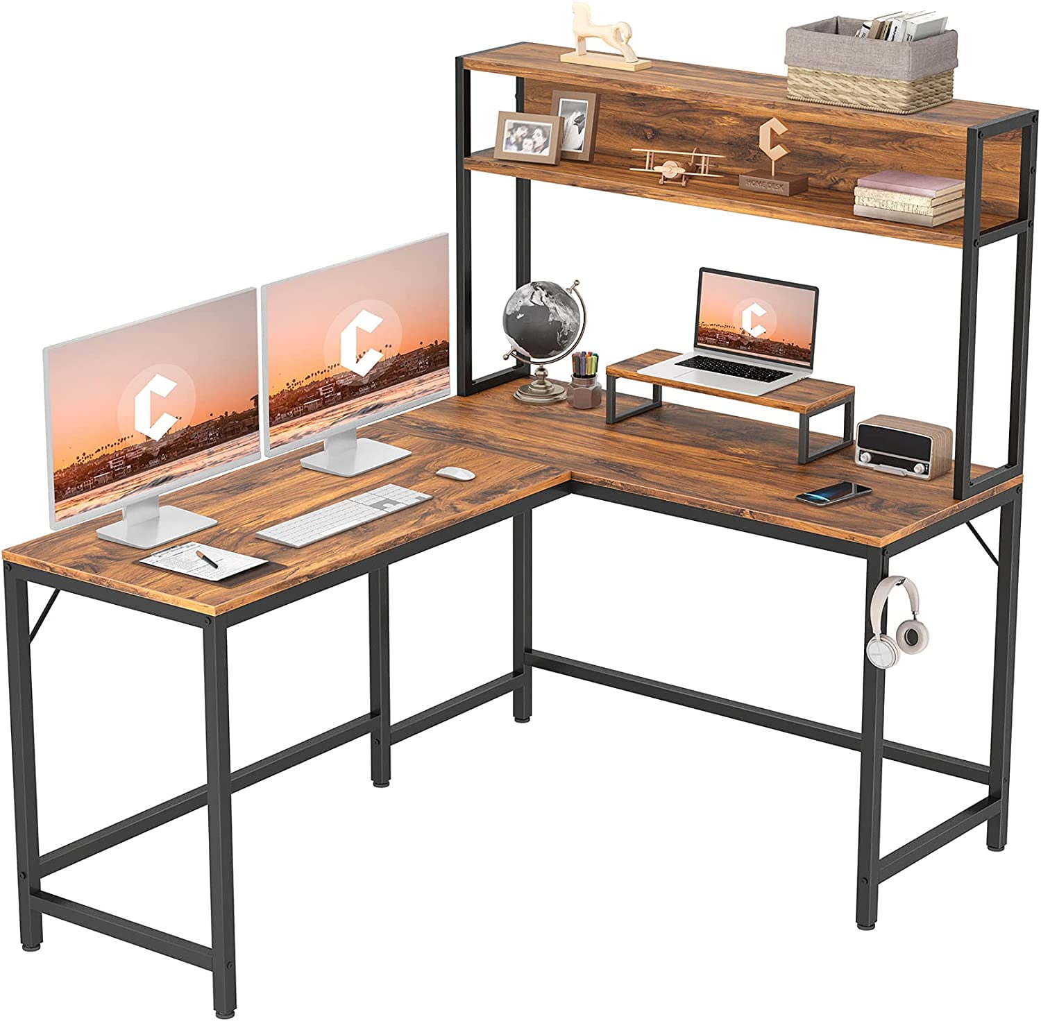 CubiCubi 59 x 47inch L-Shaped Desk with Hutch,59" Corner Computer Desk ...