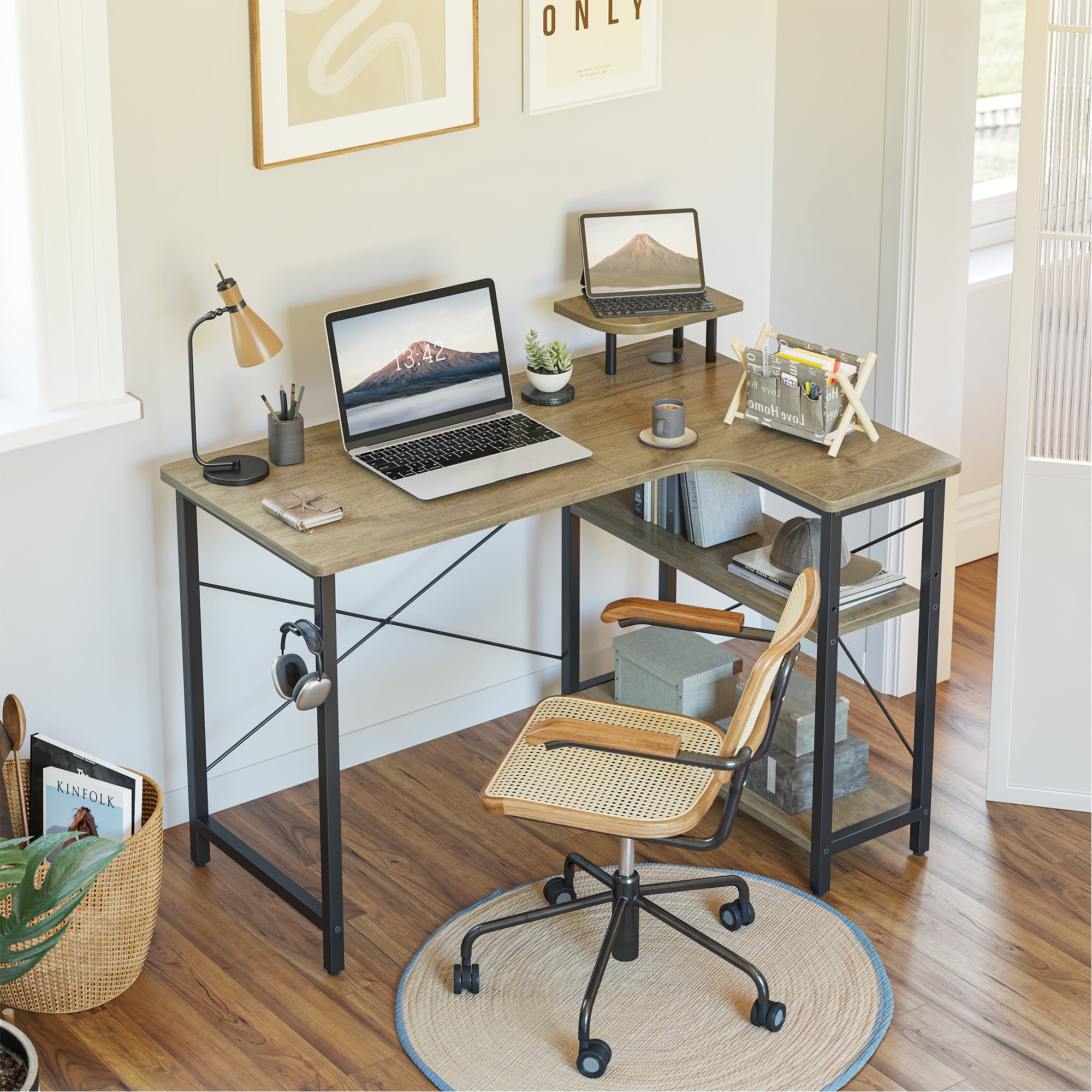 "CubiCubi 43"" L-Shaped Desk, Computer Desk with Shelves, Mocha, Home ...