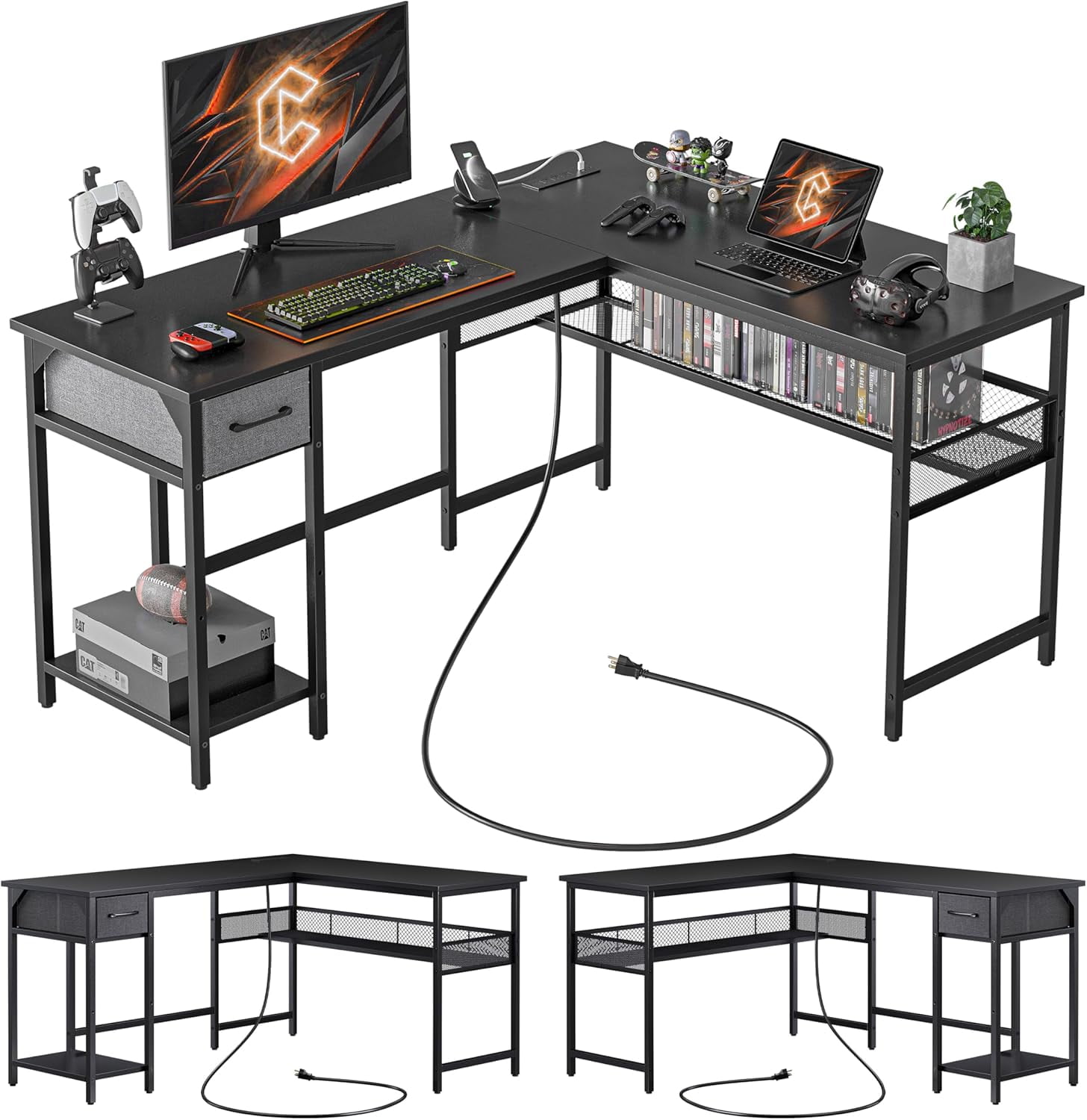 CubiCubi L Shaped Gaming Desk 58 Inch with Power Outlets, Large Size L ...