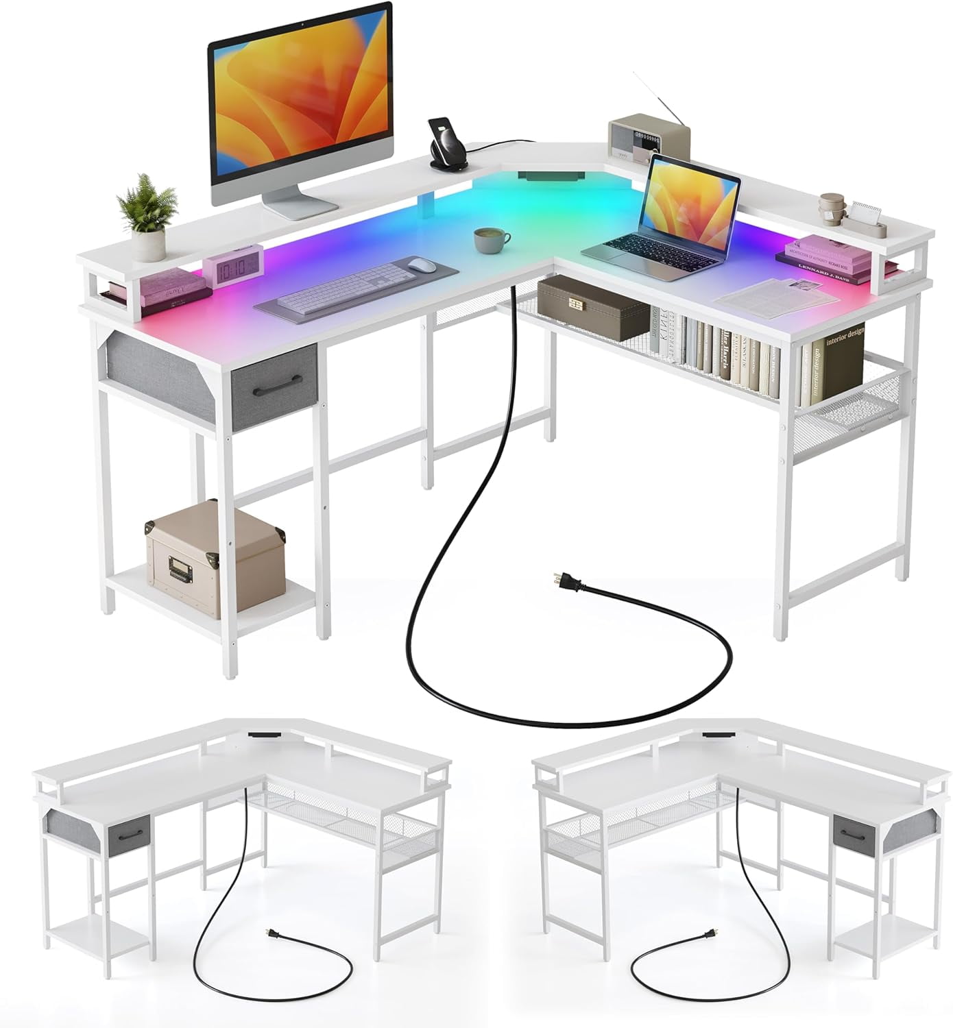 CubiCubi L Shaped Gaming Desk with LED Lights and Power Outlets, 58 ...