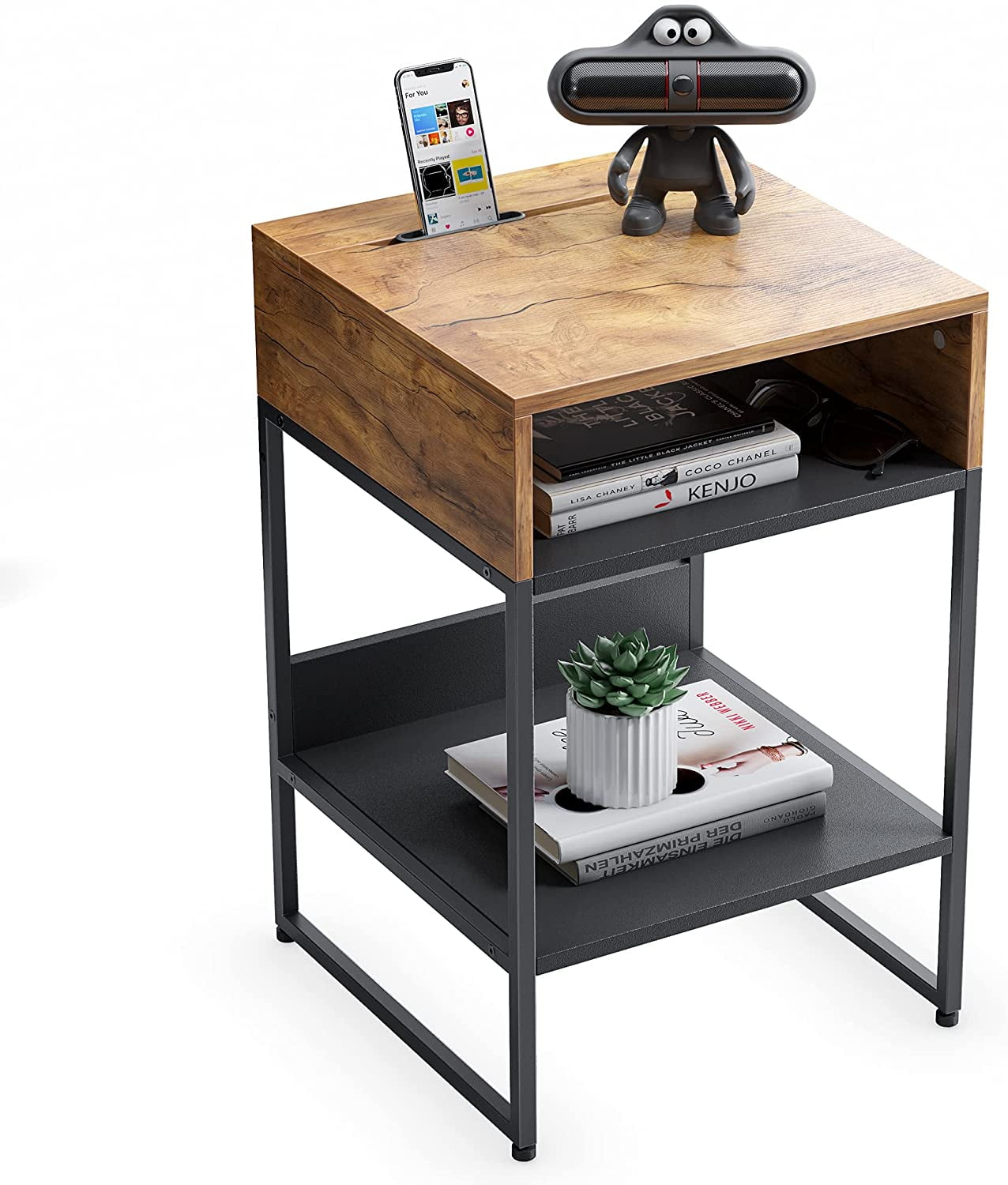 CubiCubi Side Table with Storage Compartment, Small End Table, Rustic ...