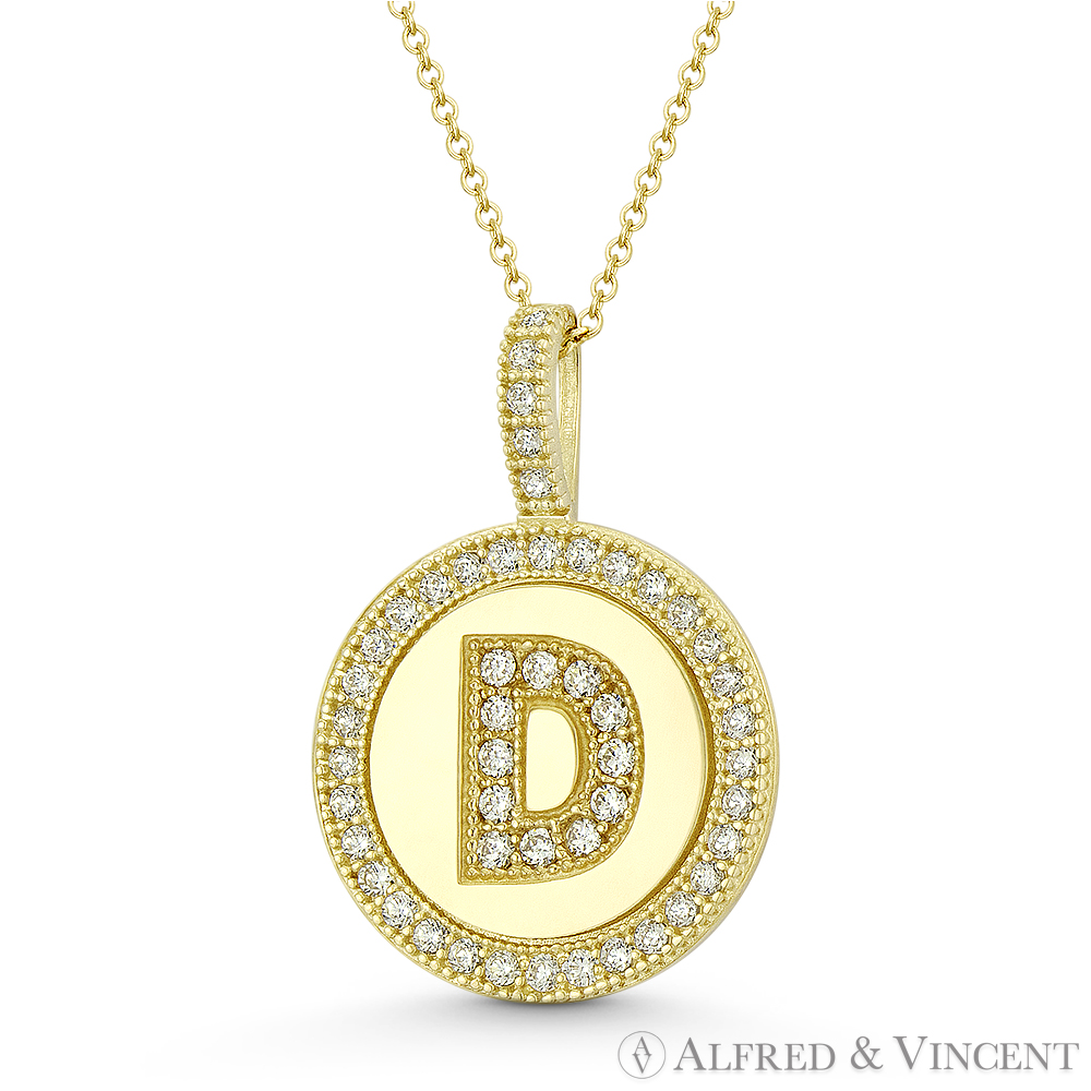 Cubic Zirconia Crystal Pave Initial Letter "D" & Halo Round Disc ...