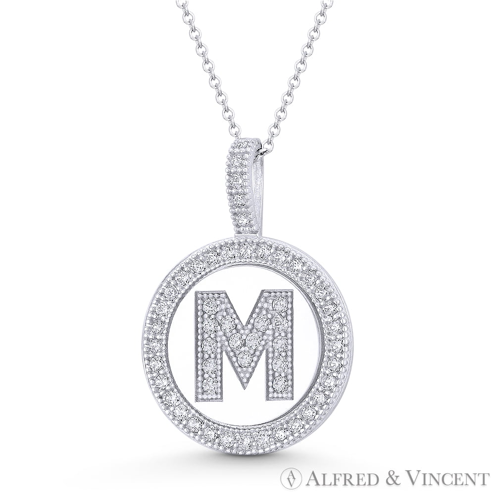Cubic Zirconia Crystal Pave Initial Letter "M" & Halo Round Disc ...