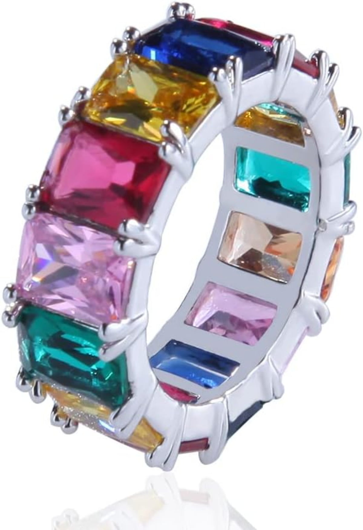 Cubic Zirconia Emerald Cut Eternity Ring Colorful Eternity Rainbow Ring ...