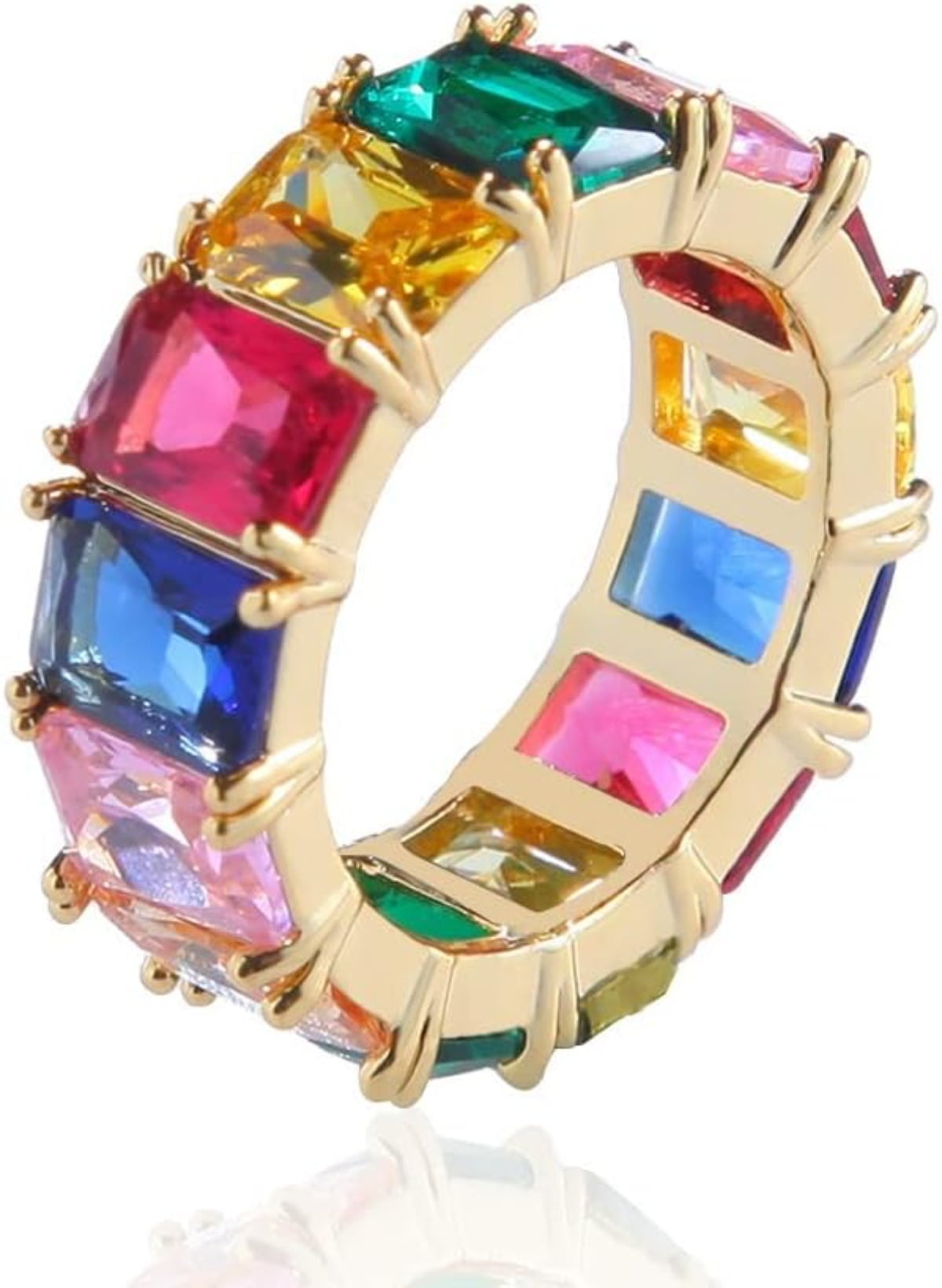 Cubic Zirconia Emerald Cut Eternity Ring Colorful Eternity Rainbow Ring ...