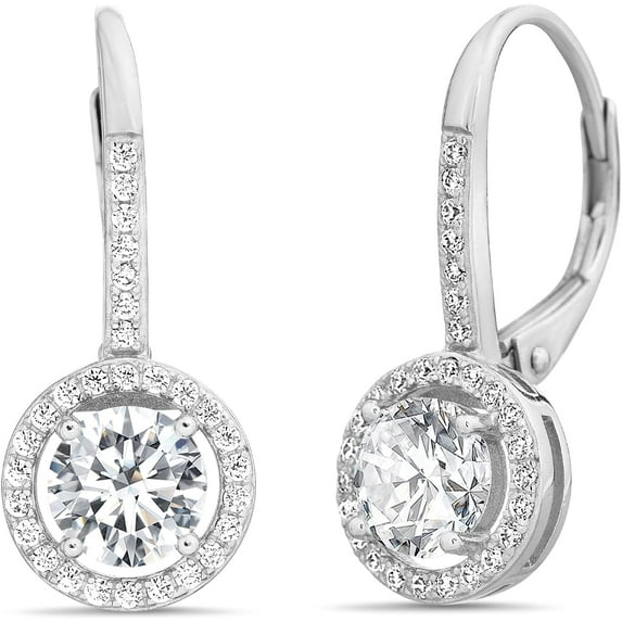 Cubic Zirconia Halo Lever Back Drop Earrings for Women 925 Sterling ...