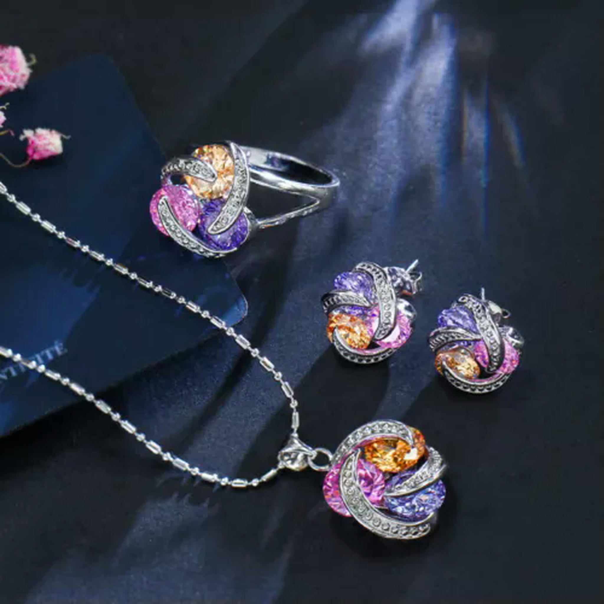 Cubic Zirconia Multi Colored CZ Flower Necklace Earrings Women Party ...