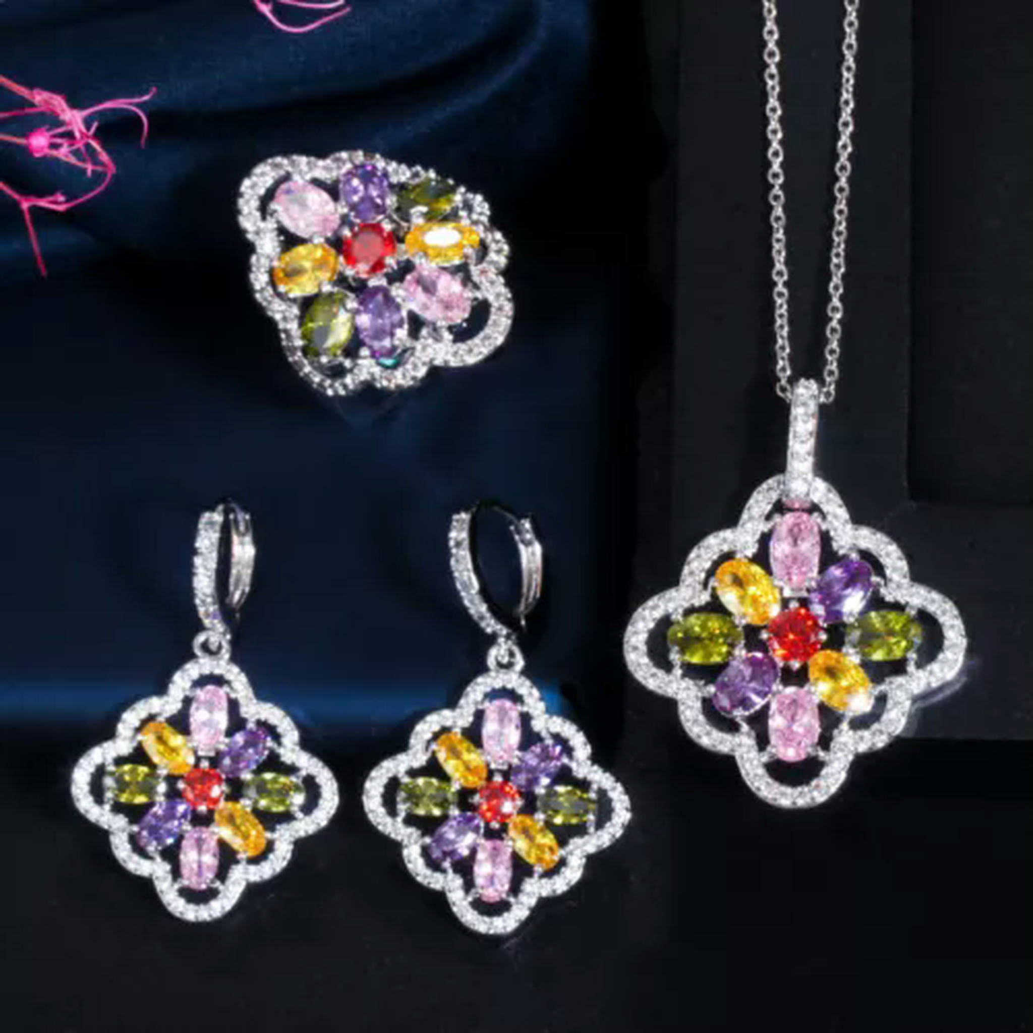 Cubic Zirconia Multi Colored CZ Flower Necklace Earrings Women Party ...