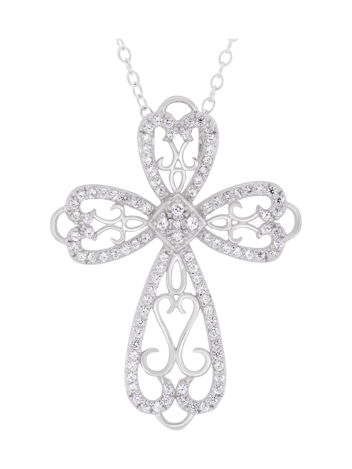 Cubic Zirconia Sterling Silver Filigree Cross Pendant, 18" - Walmart.com